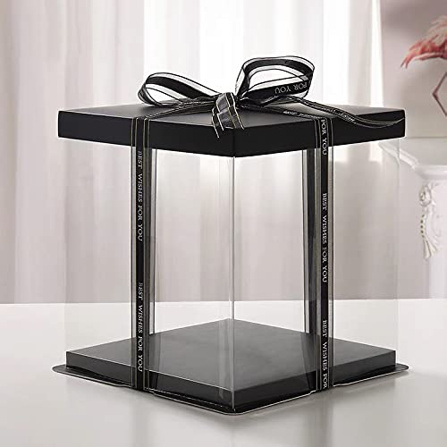 XININSUN 2Pcs Large Cake PET Clear Box, 10" X 10" X 9" with ribbon and pre-folded lid, for 8" cake packing carry, baking cookie display, Carry Tall Layer Gift, Festive Gift Box -Black