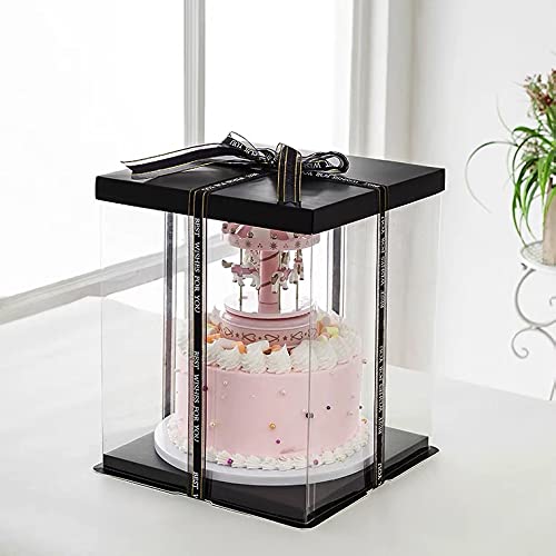 XININSUN 2Pcs Large Cake PET Clear Box, 10" X 10" X 9" with ribbon and pre-folded lid, for 8" cake packing carry, baking cookie display, Carry Tall Layer Gift, Festive Gift Box -Black
