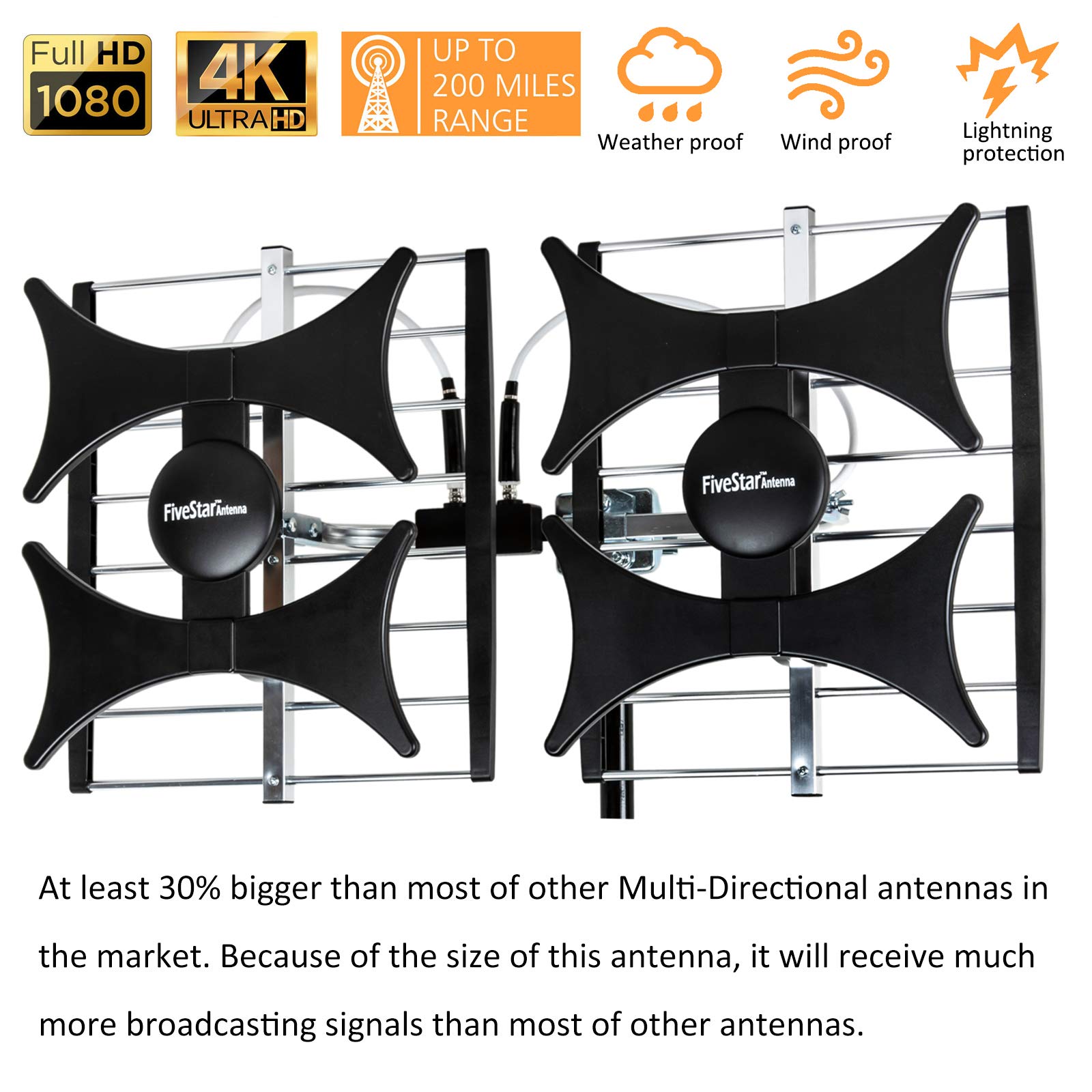 Five Star Multi-Directional 4V HDTV Antenna - up to 200 Mile Range, UHF/VHF, Indoor, Attic, Outdoor, 4K Ready 1080P FM Radio, Supports 4 TVs Plus Installation Kit and Mounting Pole