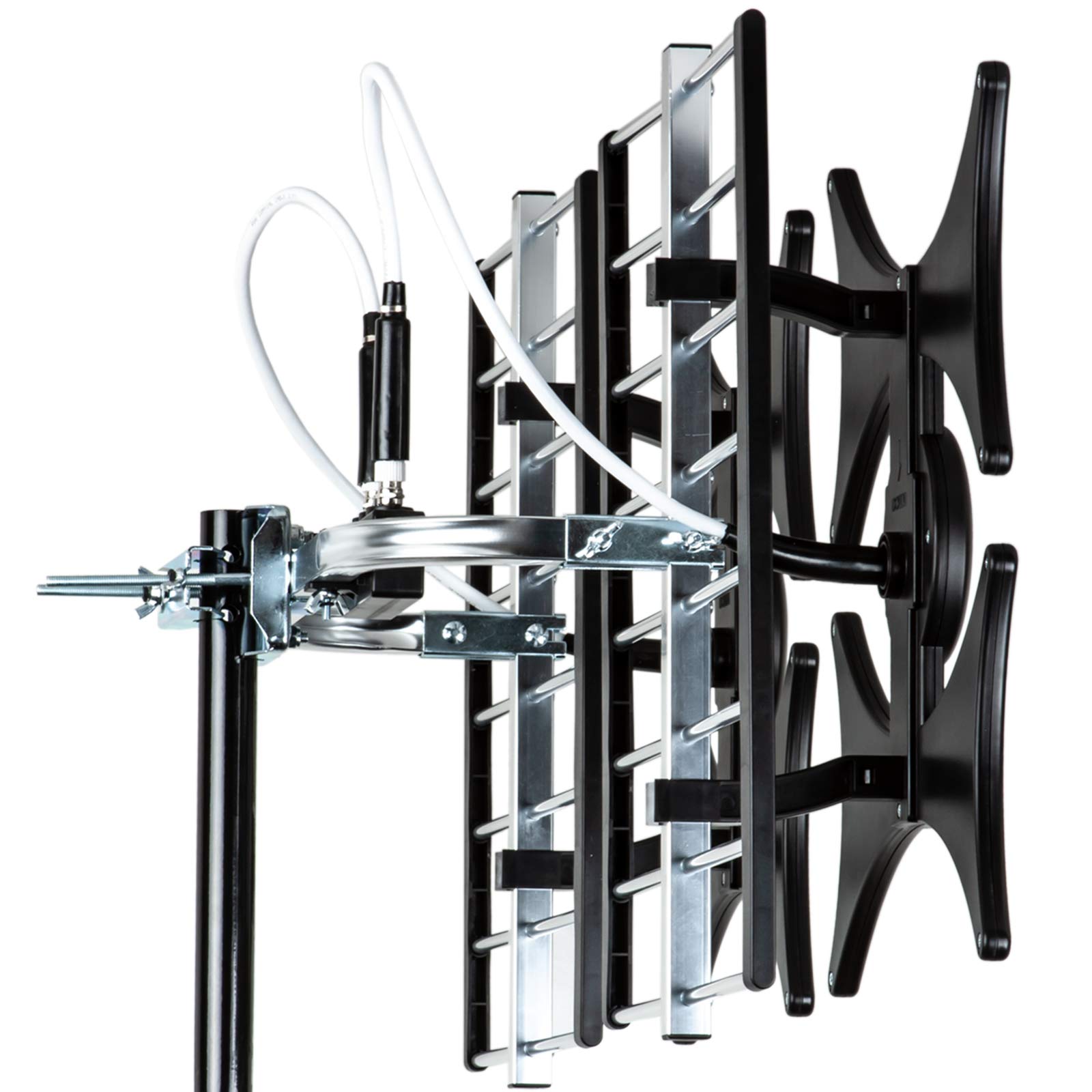 Five Star Multi-Directional 4V HDTV Antenna - up to 200 Mile Range, UHF/VHF, Indoor, Attic, Outdoor, 4K Ready 1080P FM Radio, Supports 4 TVs Plus Installation Kit and Mounting Pole