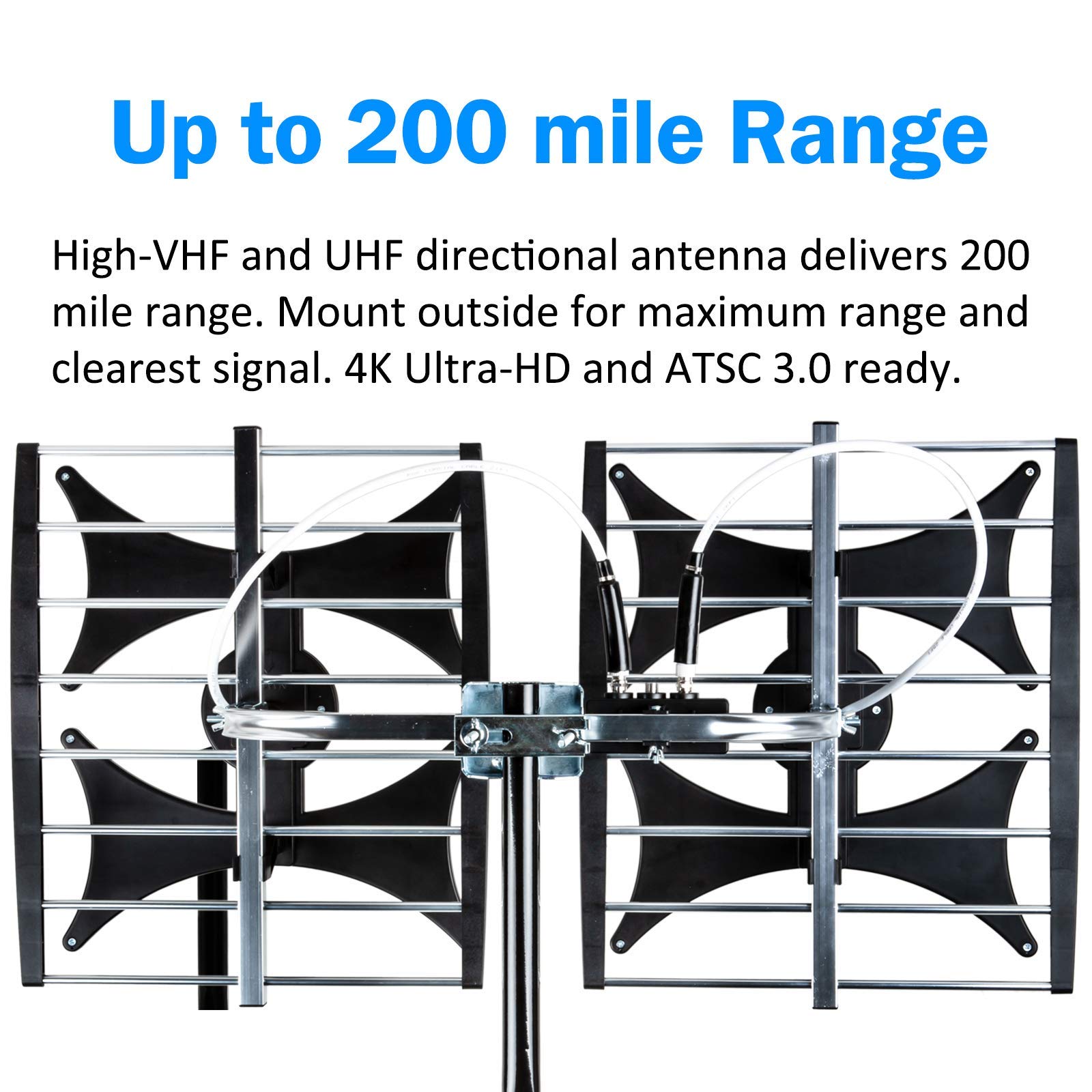 Five Star Multi-Directional 4V HDTV Antenna - up to 200 Mile Range, UHF/VHF, Indoor, Attic, Outdoor, 4K Ready 1080P FM Radio, Supports 4 TVs Plus Installation Kit and Mounting Pole