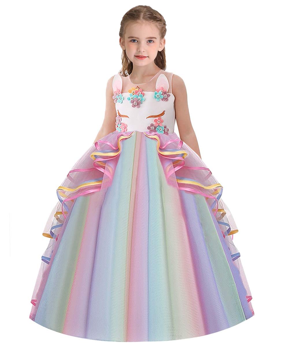 WOCINL Girls Princess Dress Unicorn Outfits Sleeveless Rainbow Party Birthday Wedding Christmas Halloween Carnival Costume Multicolored 4-5T