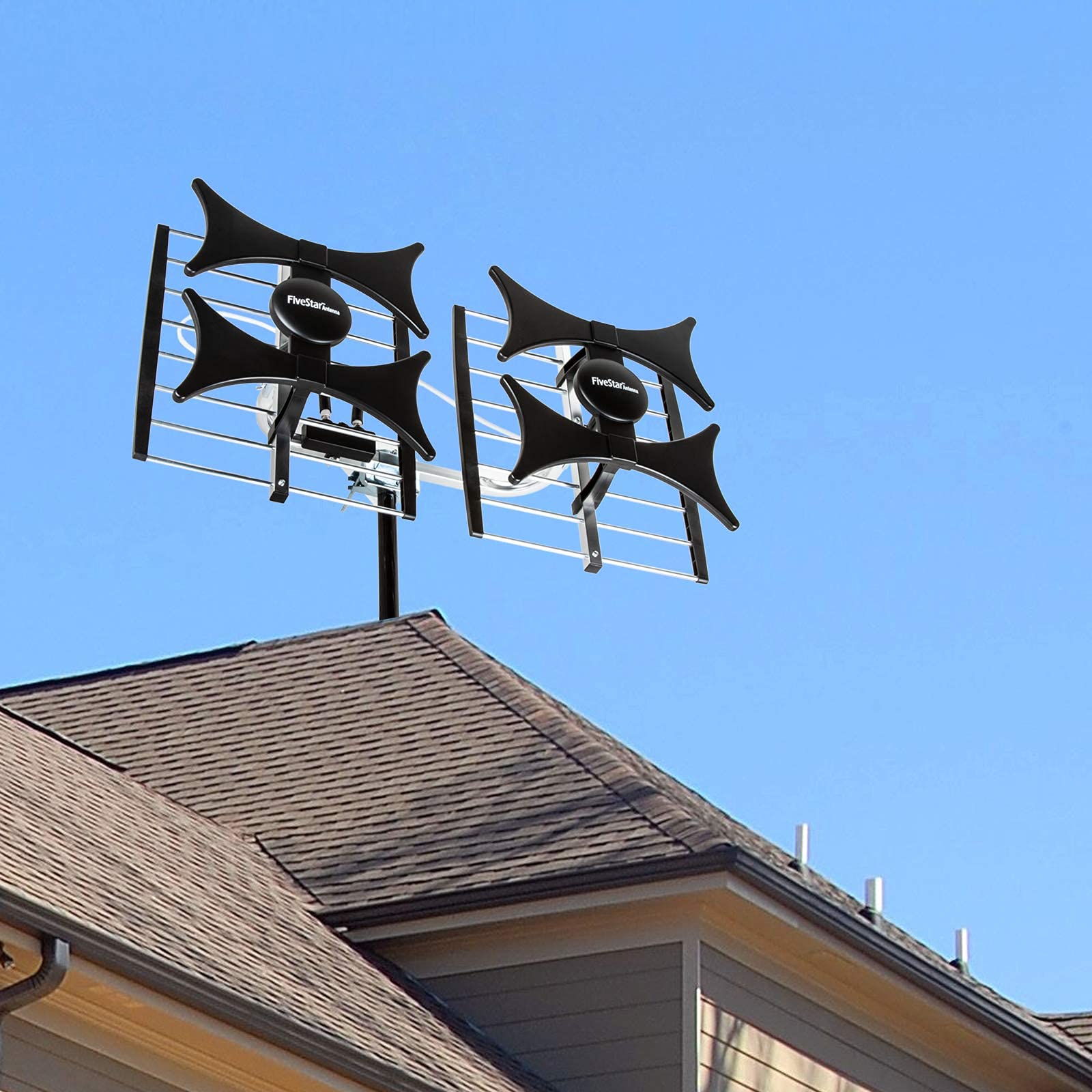 Five Star Multi-Directional 4V HDTV Antenna - up to 200 Mile Range, UHF/VHF, Indoor, Attic, Outdoor, 4K Ready 1080P FM Radio, Supports 4 TVs Plus Installation Kit and Mounting Pole