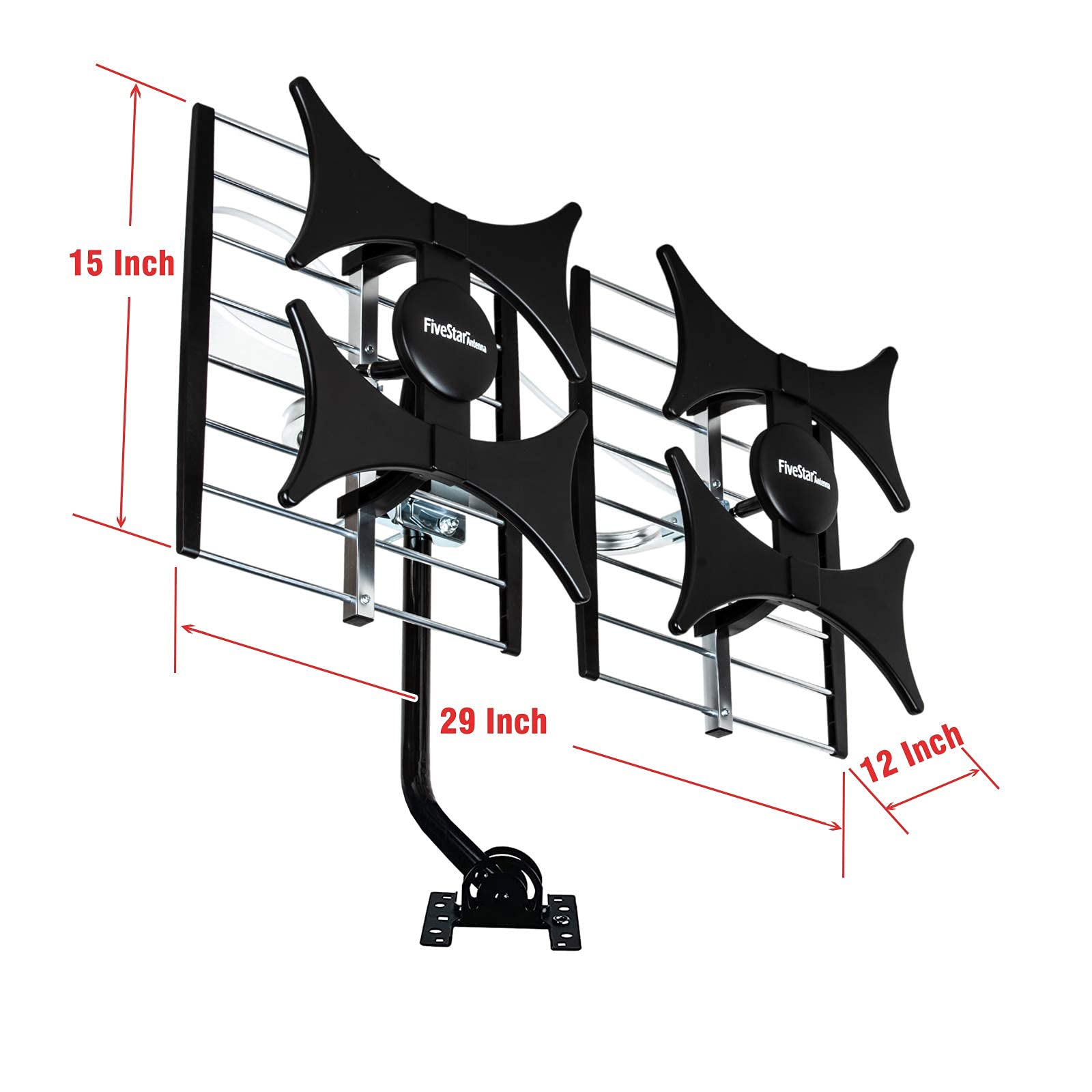 Five Star Multi-Directional 4V HDTV Antenna - up to 200 Mile Range, UHF/VHF, Indoor, Attic, Outdoor, 4K Ready 1080P FM Radio, Supports 4 TVs Plus Installation Kit and Mounting Pole