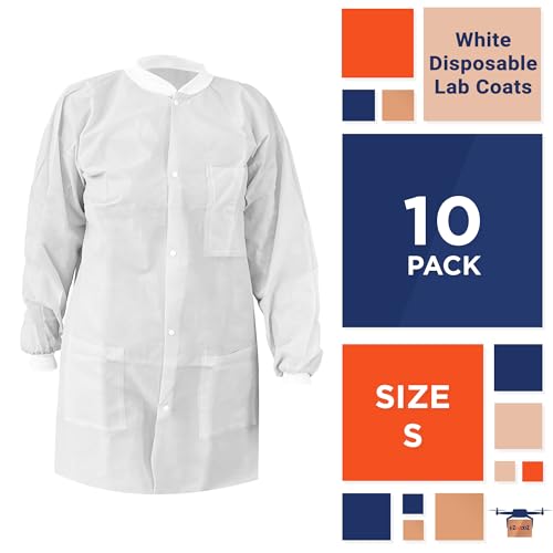 EZGOODZ White Disposable Lab Coats for Adults, S. 10 Pack Disposable Lab Coat with Snaps. SMS 40 GSM Medical PPE Coat. Painting Lab Coat Disposable with Snaps Front, Knit Cuffs, Collar, 3 Pockets
