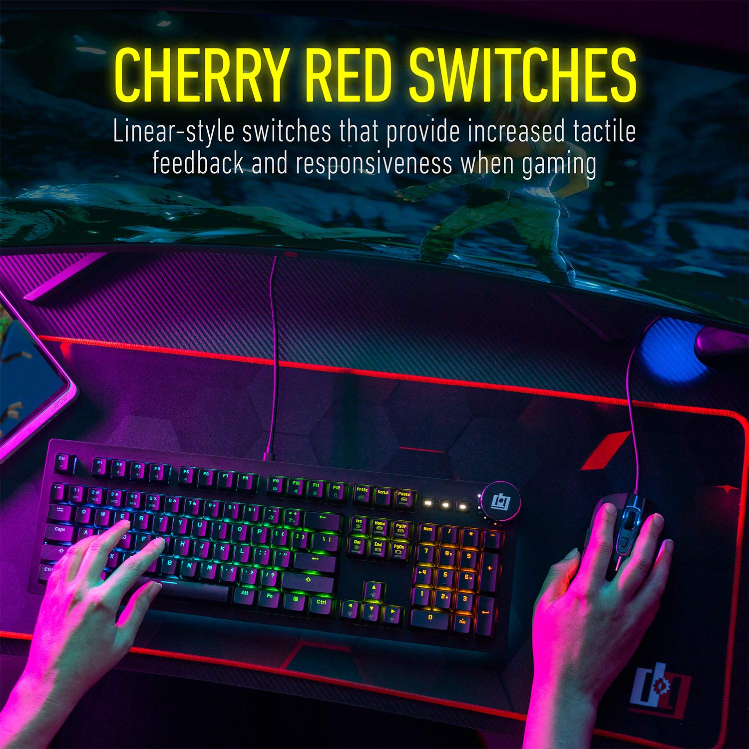 Deco Gear Gaming Desk Setup, Includes LED Keyboard, Chair, Mid-Tower Case, Streaming Mic, Mouse (Large, Red, Glass)