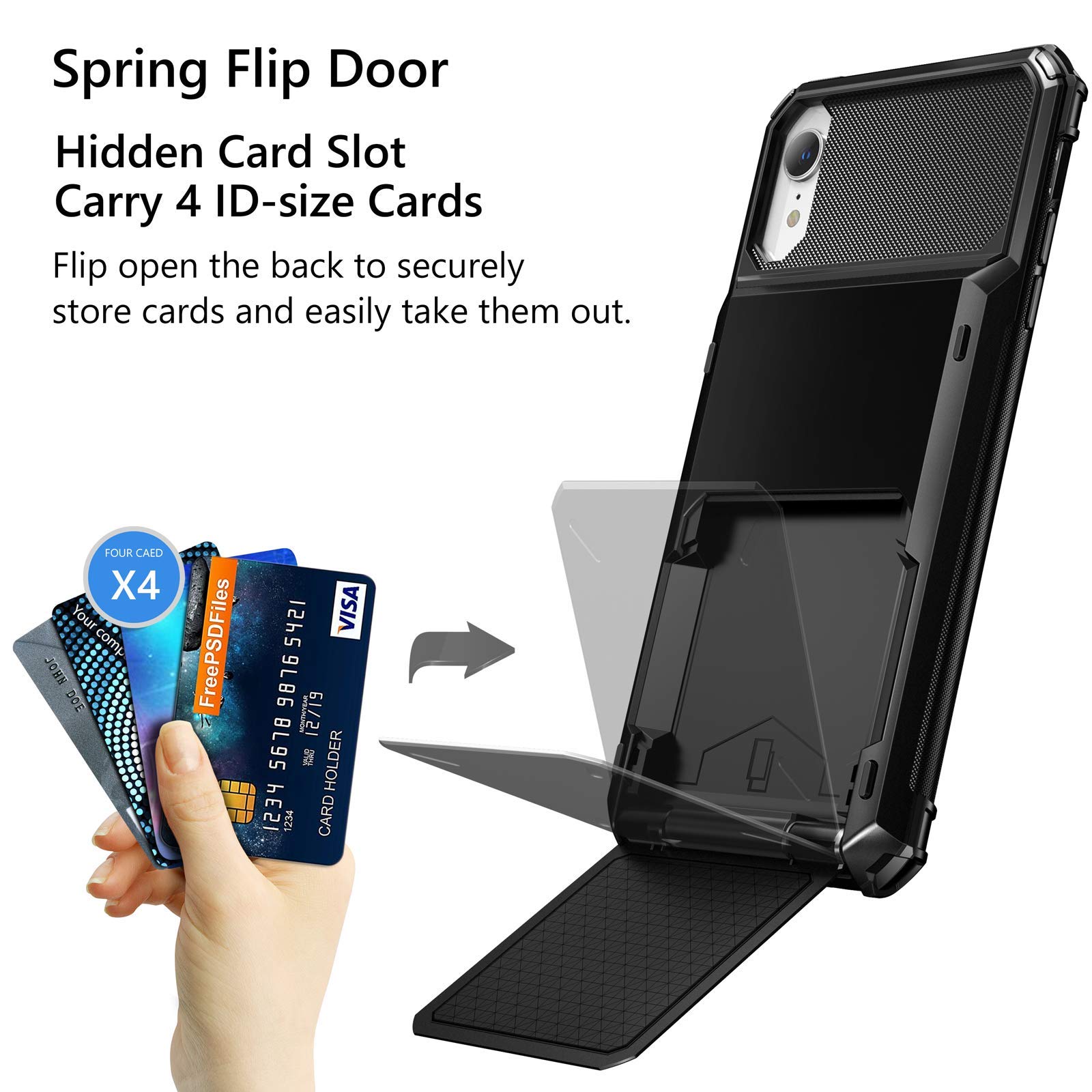 Vofolen for iPhone XR Case Wallet ID Slot Credit Card Holder Spring Pocket for Men Women Scratch Resistant Dual Layer Protective Bumper Rugged TPU Rubber Armor Hard Shell Cover for iPhone XR 10R Black