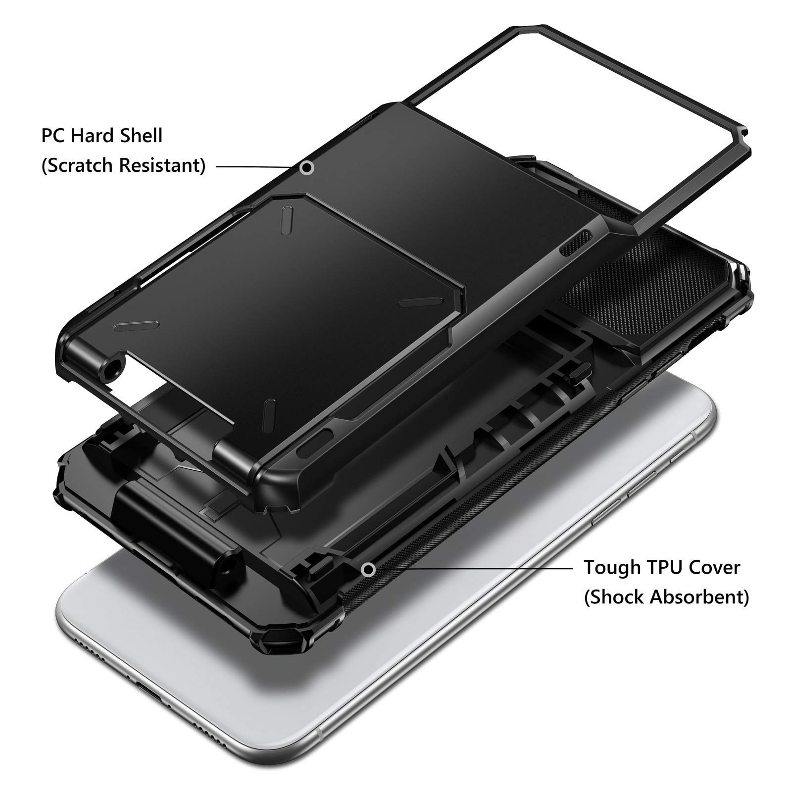 Vofolen for iPhone XR Case Wallet ID Slot Credit Card Holder Spring Pocket for Men Women Scratch Resistant Dual Layer Protective Bumper Rugged TPU Rubber Armor Hard Shell Cover for iPhone XR 10R Black
