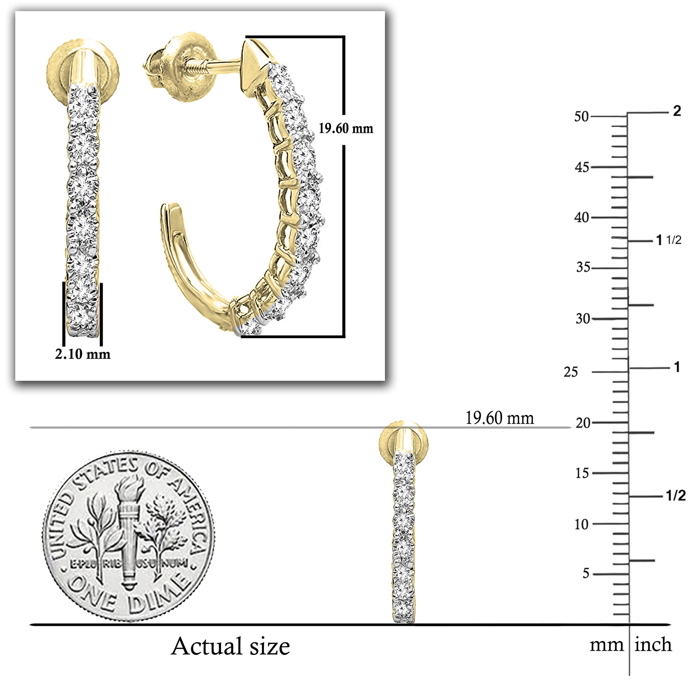Dazzlingrock Collection 0.15 Cttw Round White Diamond J Shaped Classic Hoop Earrings for Her in 14K Solid Yellow Gold, Screw Back
