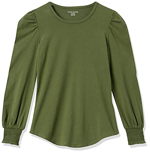 Amazon Essentials Women's Long-Sleeve Crewneck Smocked Cuff T-Shirt, Olive, Medium