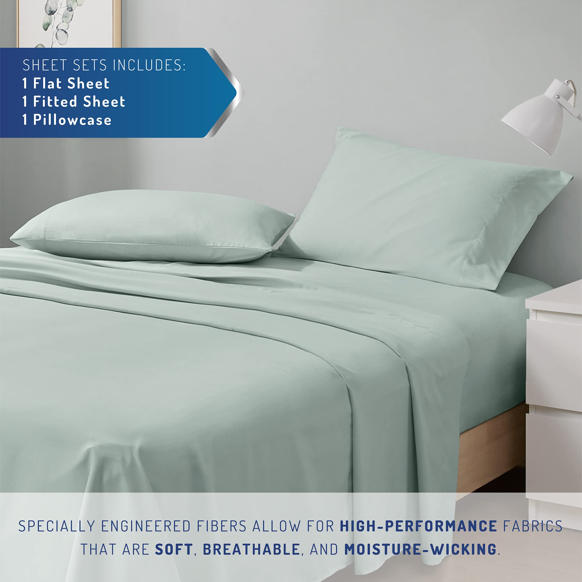 Degrees of Comfort Coolmax Cooling Sheets Set for Twin Size Bed, Moisture Wicking for Night Sweats Best Comfort, Cool Sheets for Hot Sleepers During Warm Weather with Deep Pocket, Mint-3PC