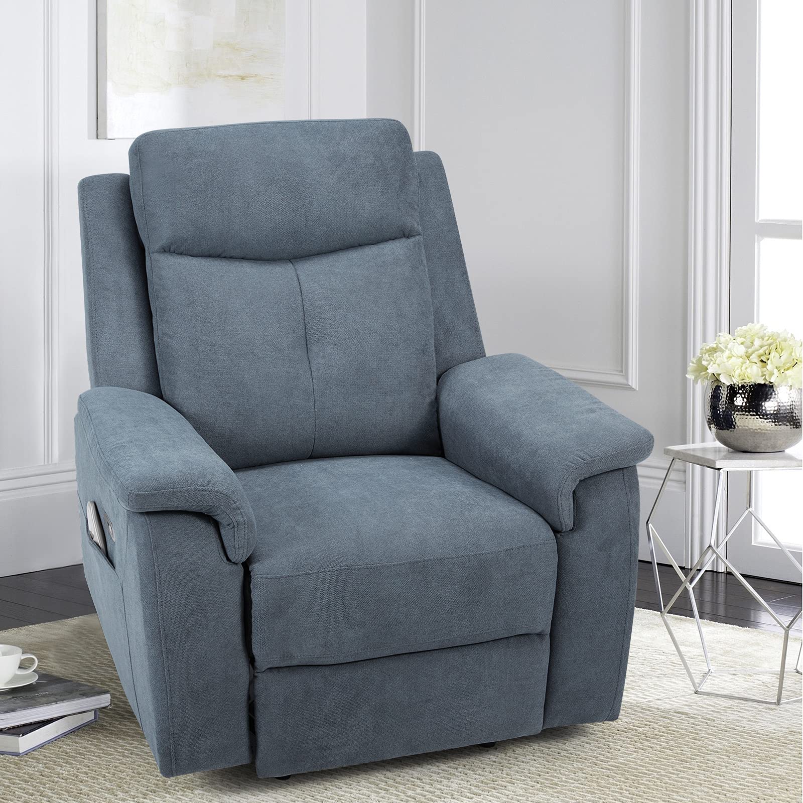 AVAWING Electric Massage Recliner Chair w/Wireless Remote Control, Massage Heated Vibration Sofa w/Double Side Pockets & USB Charge Port, Home Fabric Microfiber Recliner for Living Room, Blue Grey