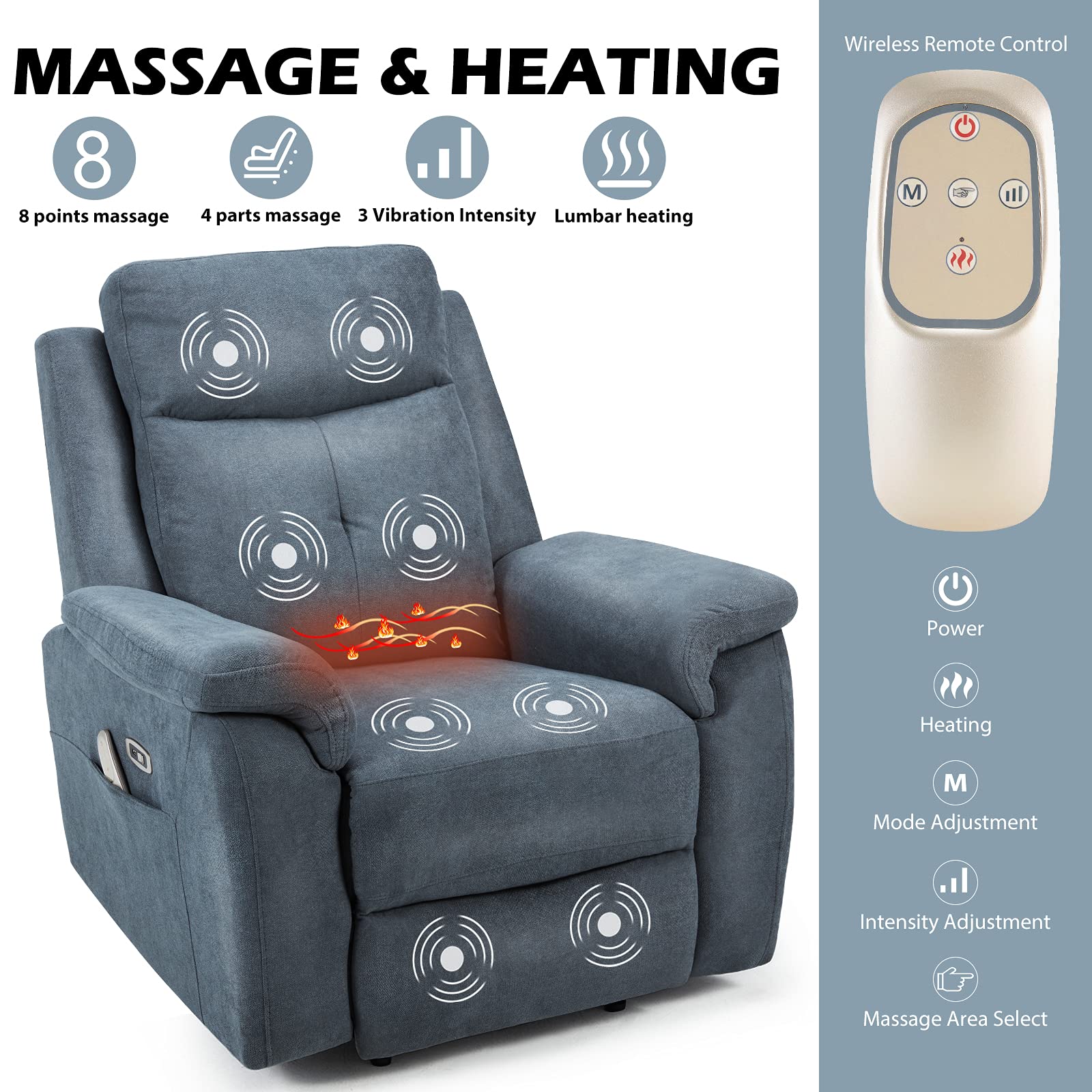 AVAWING Electric Massage Recliner Chair w/Wireless Remote Control, Massage Heated Vibration Sofa w/Double Side Pockets & USB Charge Port, Home Fabric Microfiber Recliner for Living Room, Blue Grey