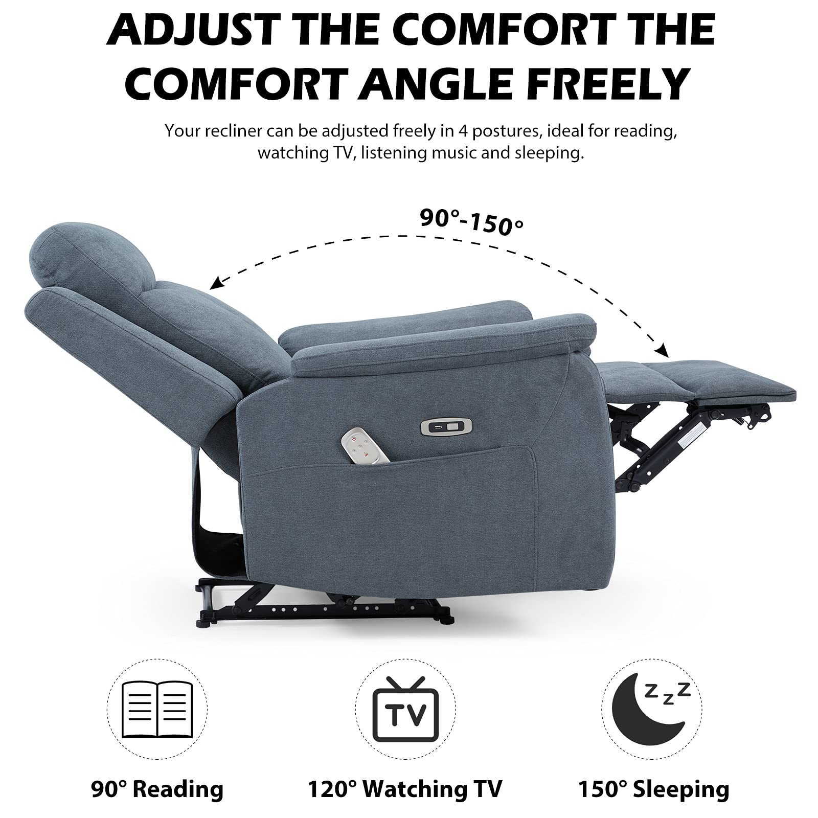 AVAWING Electric Massage Recliner Chair w/Wireless Remote Control, Massage Heated Vibration Sofa w/Double Side Pockets & USB Charge Port, Home Fabric Microfiber Recliner for Living Room, Blue Grey