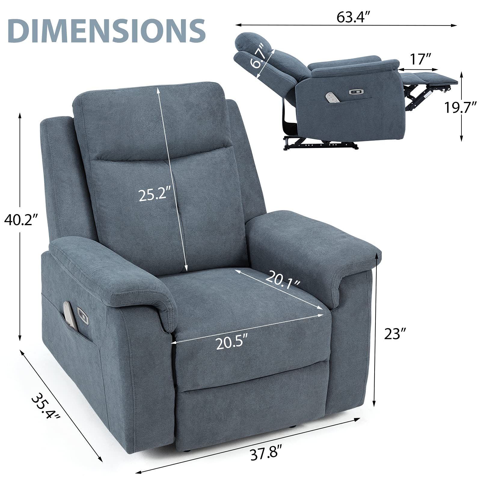 AVAWING Electric Massage Recliner Chair w/Wireless Remote Control, Massage Heated Vibration Sofa w/Double Side Pockets & USB Charge Port, Home Fabric Microfiber Recliner for Living Room, Blue Grey