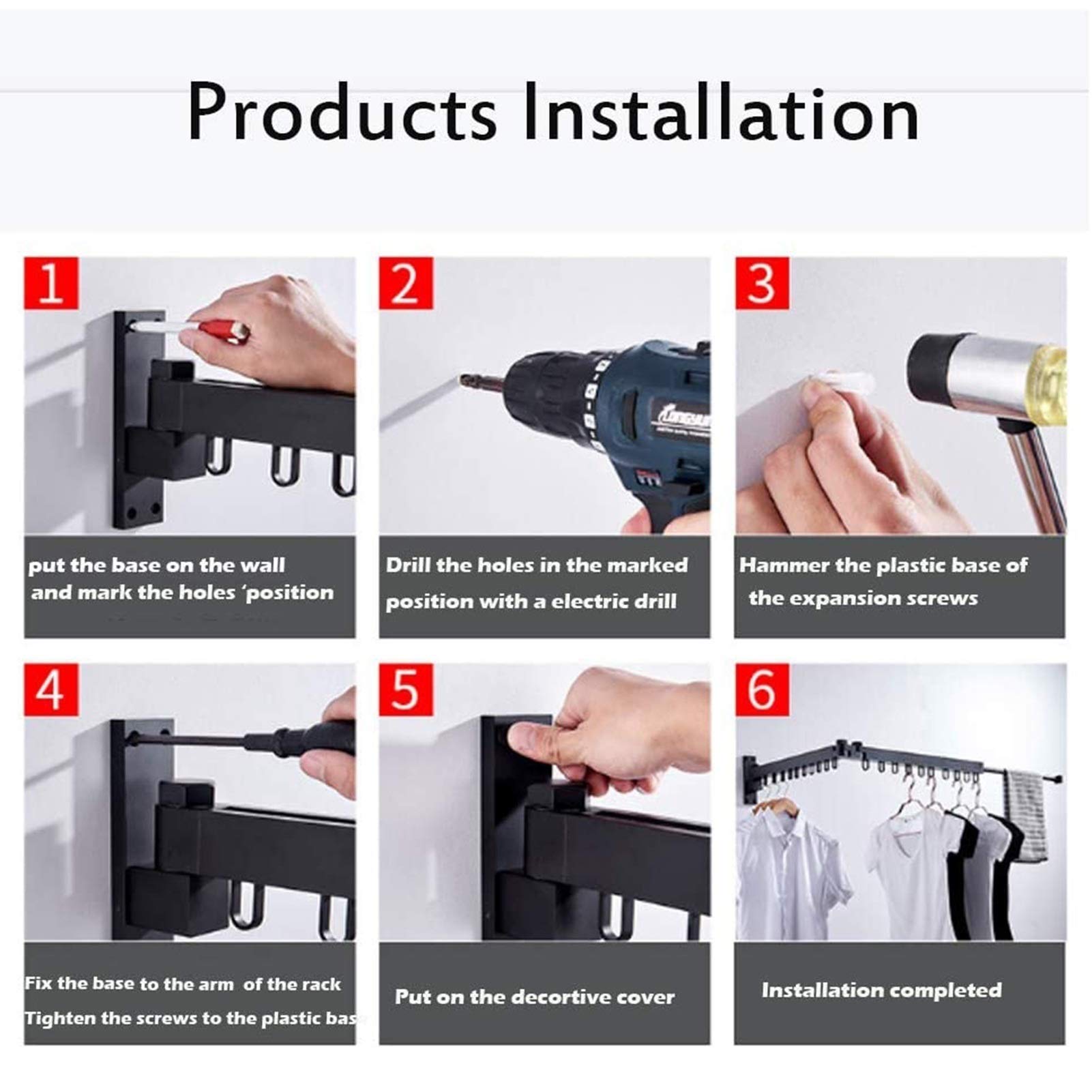 ZXFF Wall-Mounted Clothes Drying Rack, Suitable for Indoor and Outdoor Telescopic Clothes Poles, Can Be Rotated 180° Left and Right to Save Space (Color : B)