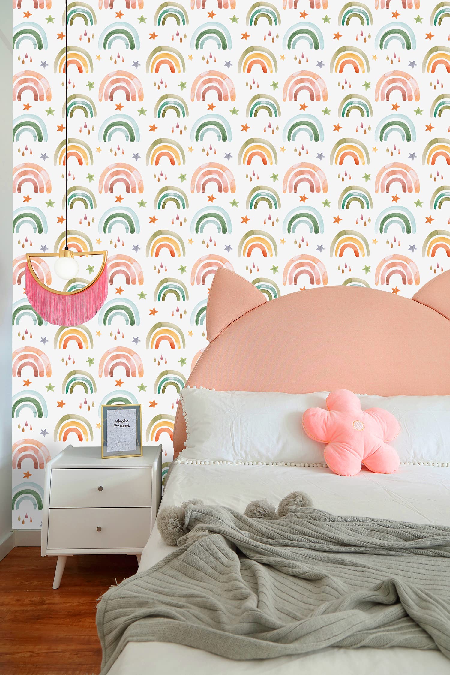 HAOKHOME Peel and Stick Rainbow Wallpaper Cute Raindrop Stars White/Orange/Green Removable for Nursery Kids Bedroom Decor 17.7in x 118in