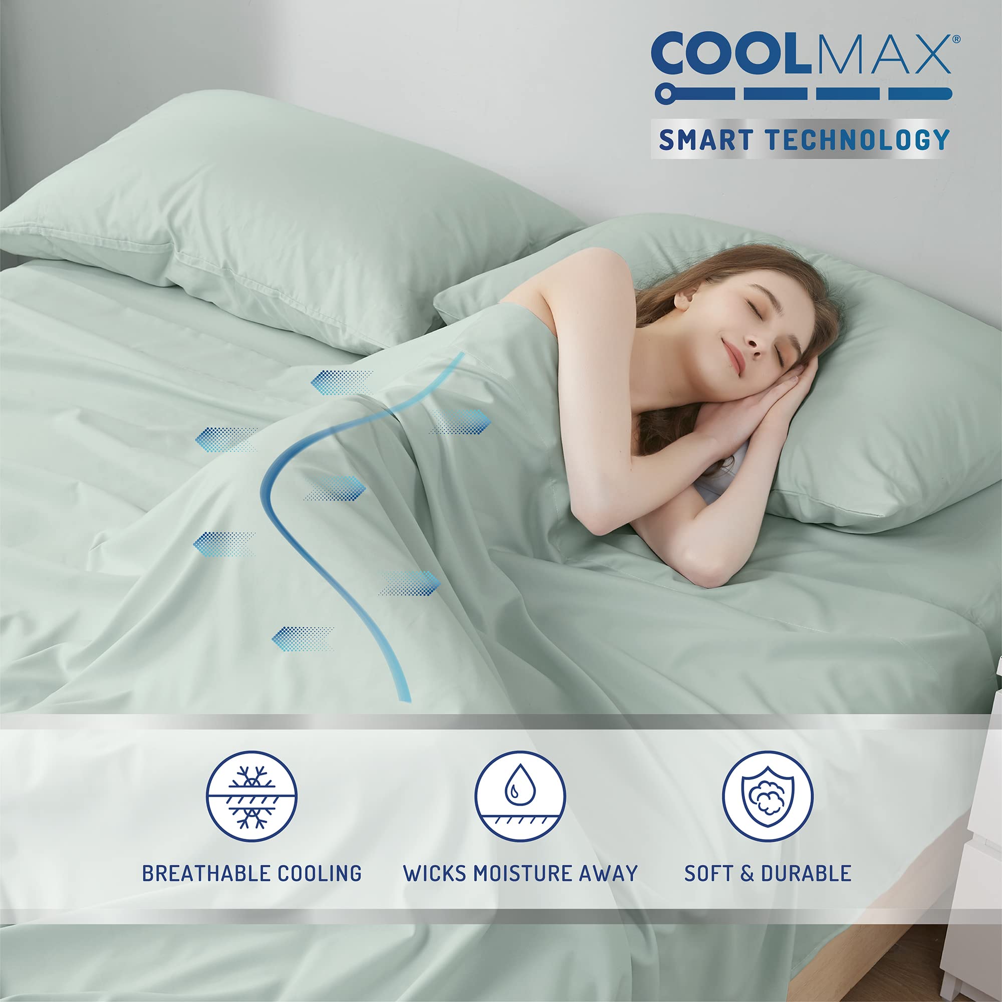 Degrees of Comfort Coolmax Cooling Sheets Set for Twin Size Bed, Moisture Wicking for Night Sweats Best Comfort, Cool Sheets for Hot Sleepers During Warm Weather with Deep Pocket, Mint-3PC