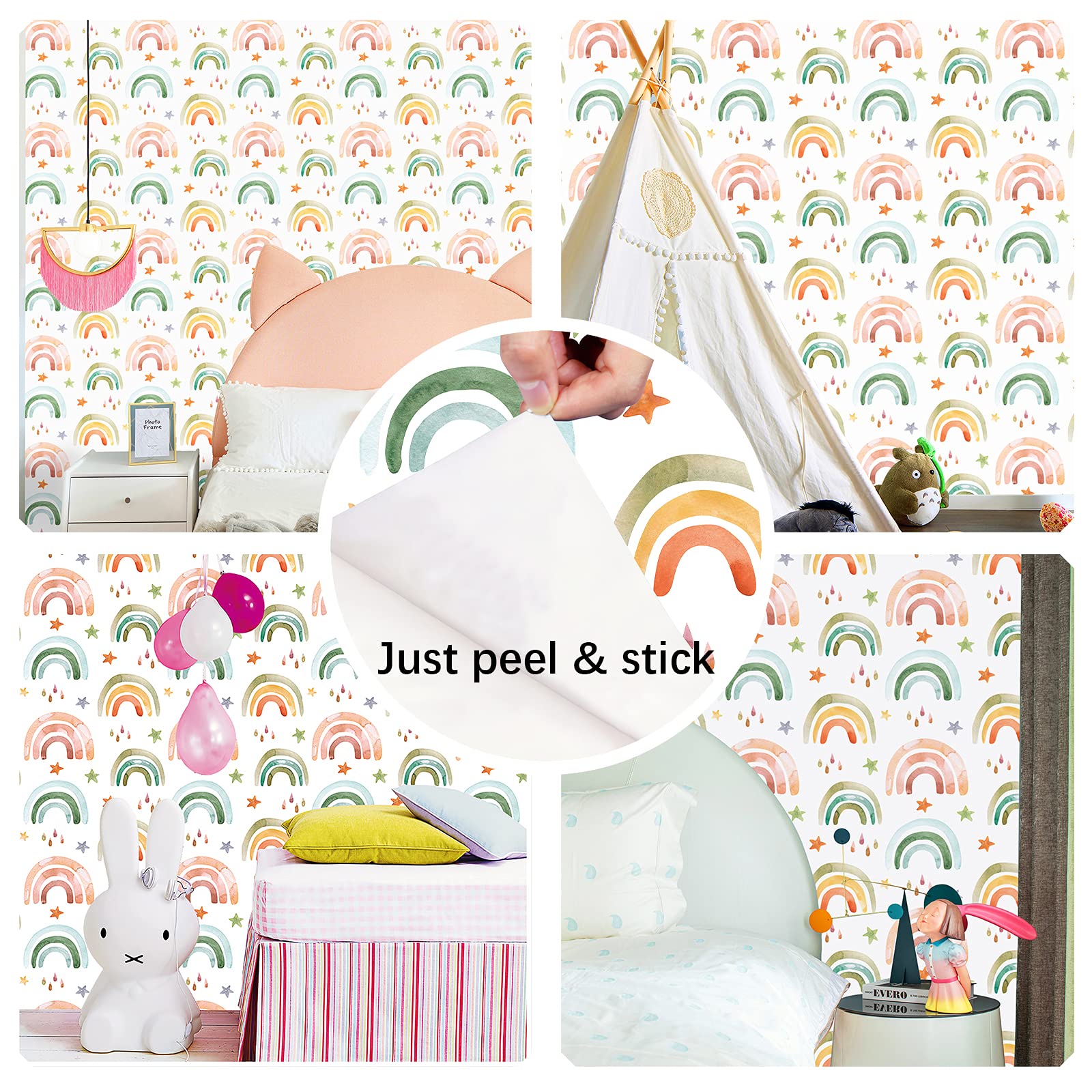 HAOKHOME Peel and Stick Rainbow Wallpaper Cute Raindrop Stars White/Orange/Green Removable for Nursery Kids Bedroom Decor 17.7in x 118in