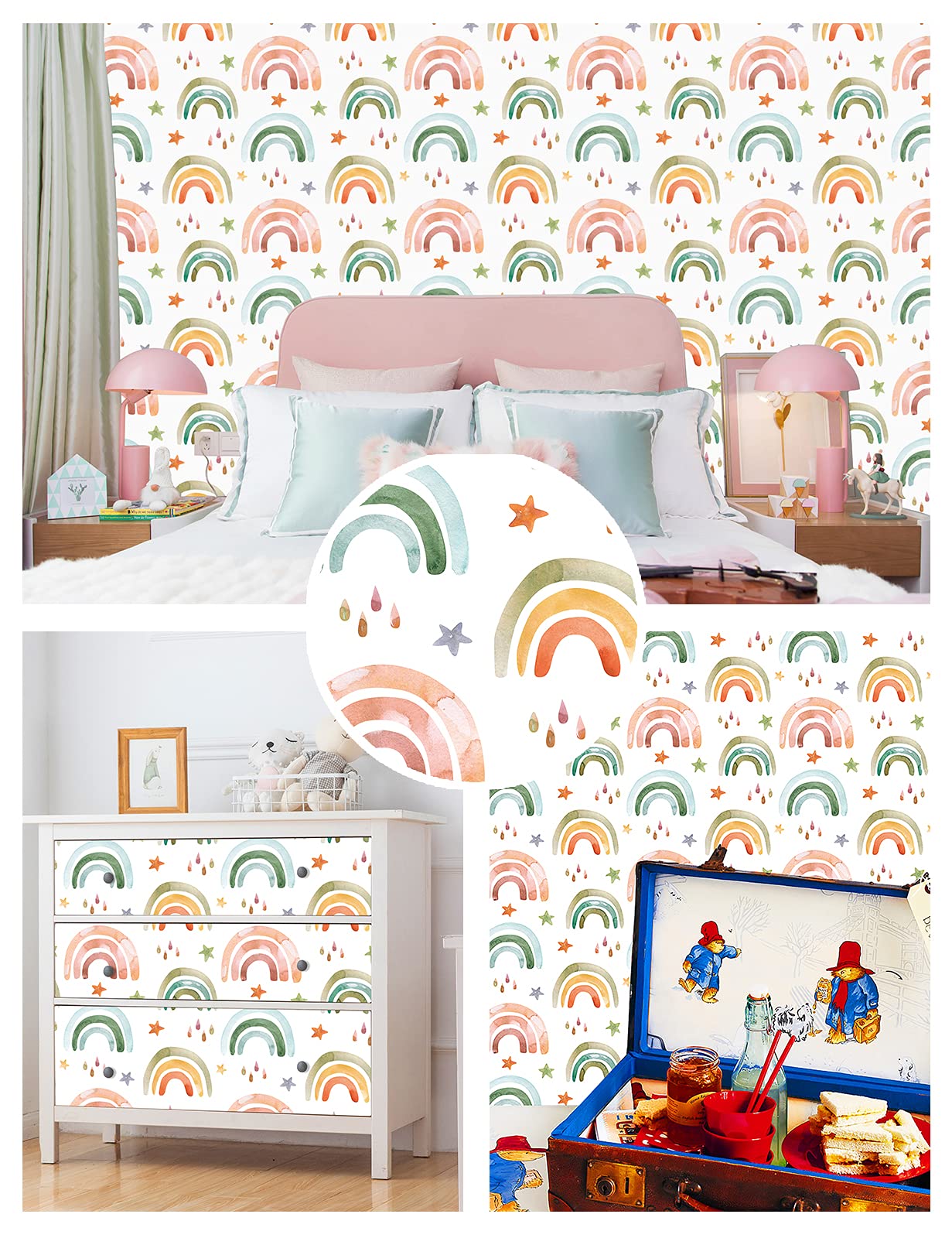 HAOKHOME Peel and Stick Rainbow Wallpaper Cute Raindrop Stars White/Orange/Green Removable for Nursery Kids Bedroom Decor 17.7in x 118in