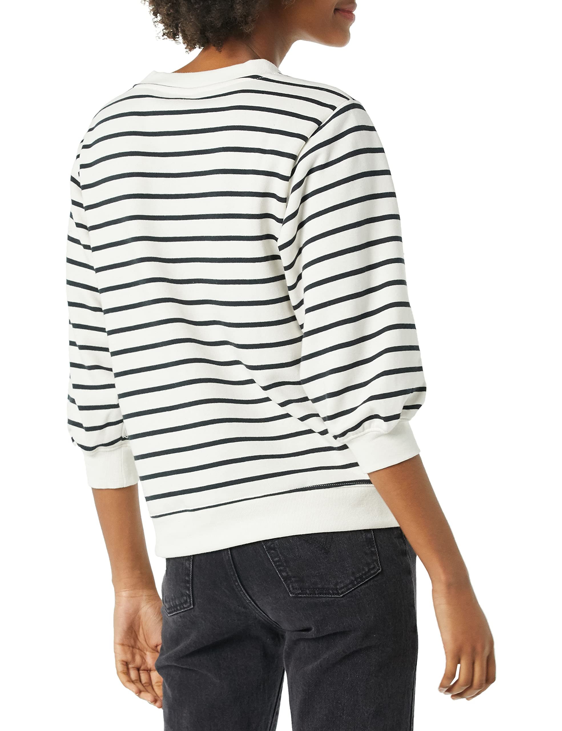 Amazon Essentials Women's Fleece Sleeve Detail Crewneck Sweatshirt, Black White Stripe, Medium