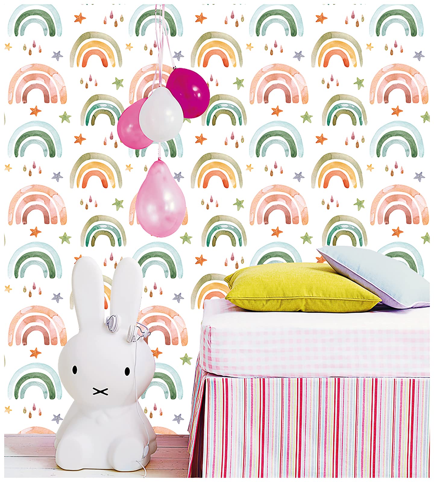 HAOKHOME Peel and Stick Rainbow Wallpaper Cute Raindrop Stars White/Orange/Green Removable for Nursery Kids Bedroom Decor 17.7in x 118in