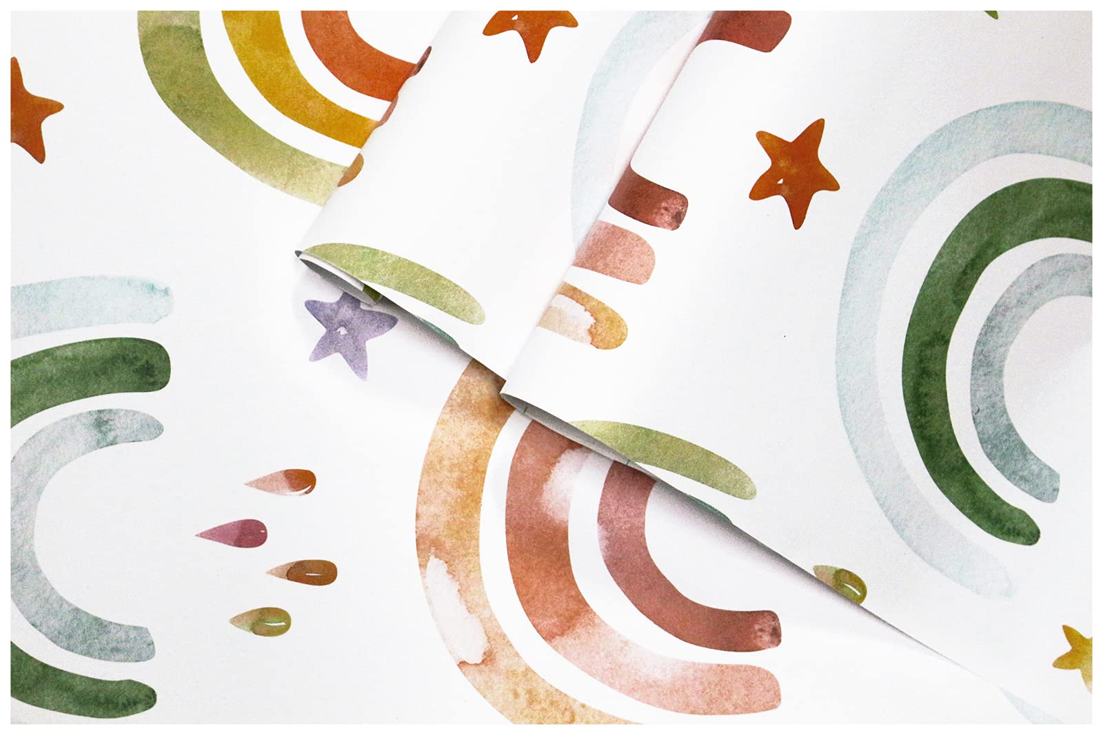 HAOKHOME Peel and Stick Rainbow Wallpaper Cute Raindrop Stars White/Orange/Green Removable for Nursery Kids Bedroom Decor 17.7in x 118in