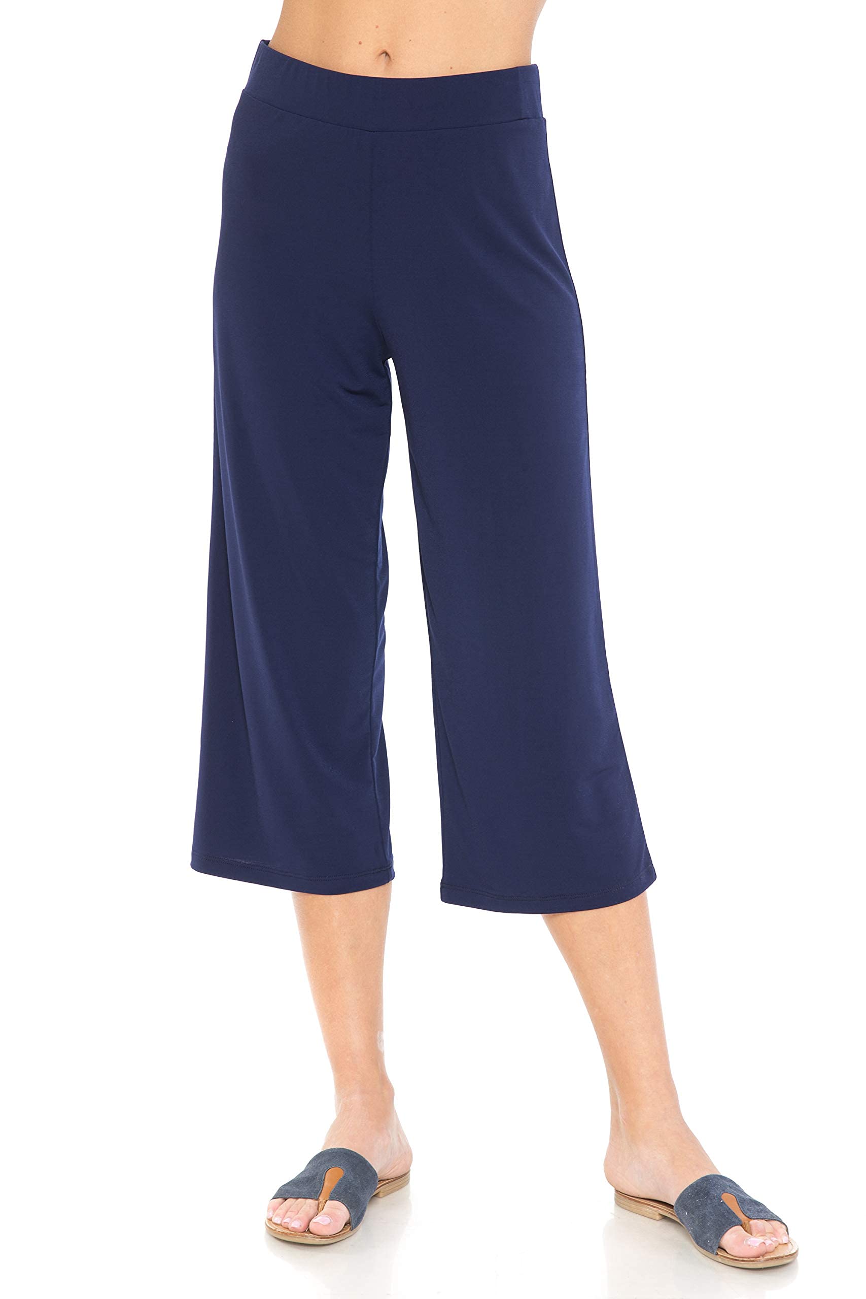 LEEBE Women and Plus Size Pull On ITY Knit Straight Wide Leg Pant (Small-5X) (2X, Crop Navy)