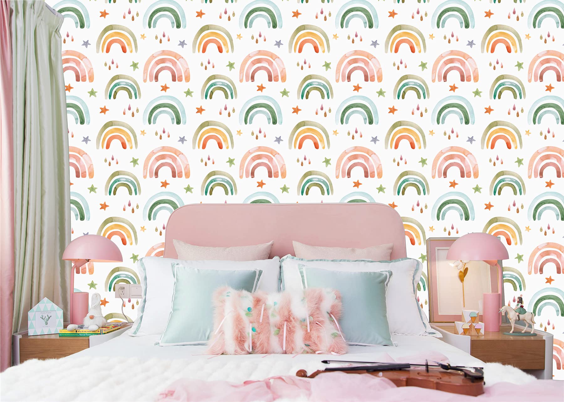 HAOKHOME Peel and Stick Rainbow Wallpaper Cute Raindrop Stars White/Orange/Green Removable for Nursery Kids Bedroom Decor 17.7in x 118in