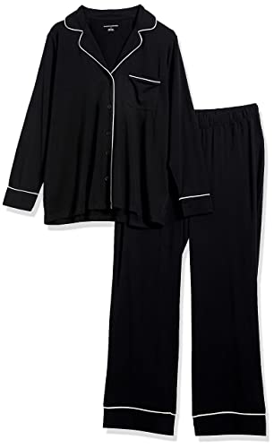 Amazon Essentials Women's Cotton Modal Long-Sleeve Shirt and Full-Length Bottom Pajama Set, Black, Large