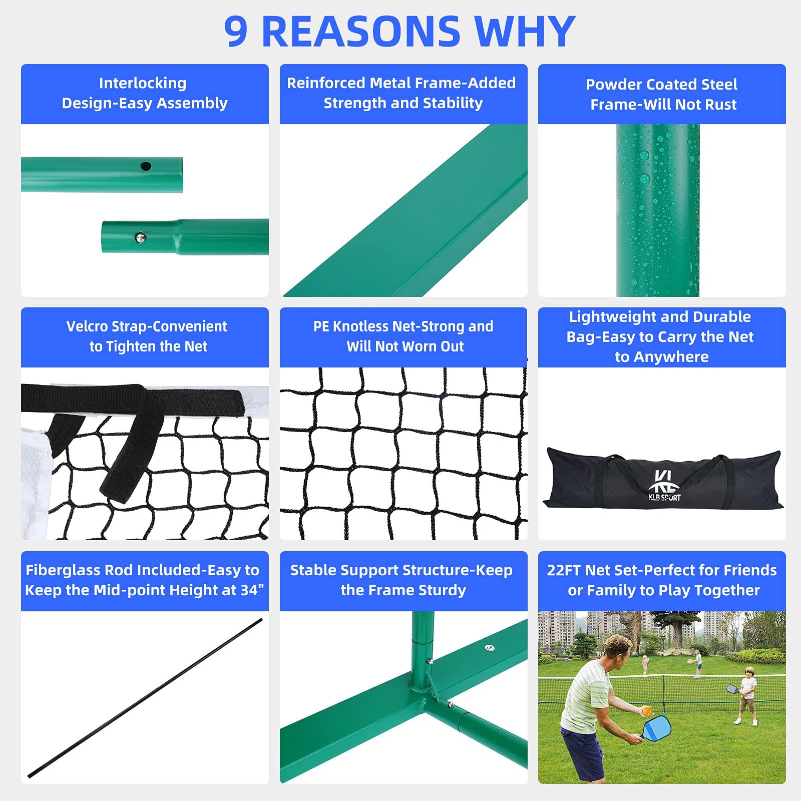 KL KLB SPORT Portable Pickleball Net System Regulation Size Net Set 22FT for Indoor and Outdoor, Designed for All Weather Conditions with Steady Metal Frame, Strong PE Net and 600D Carrying Bag
