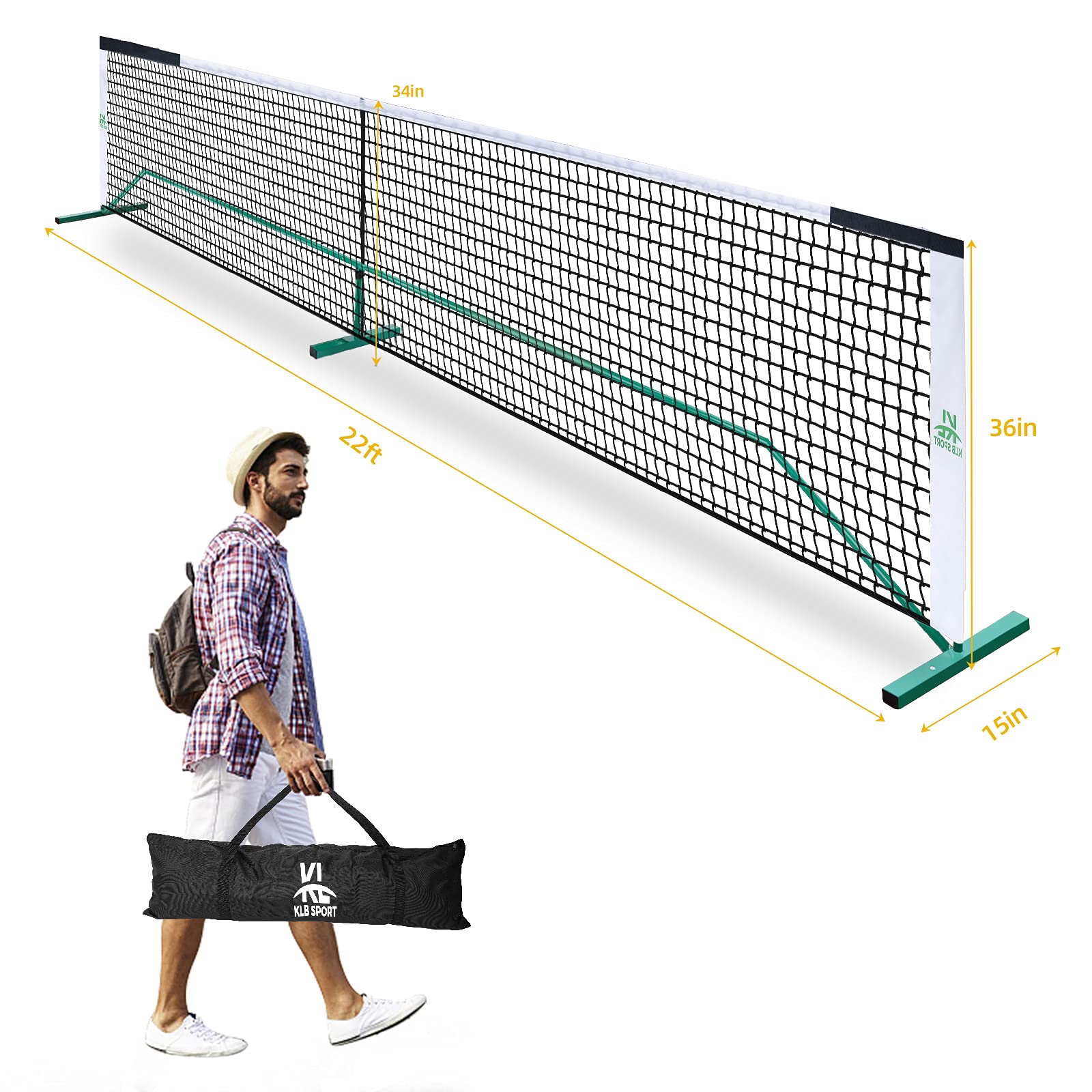 KL KLB SPORT Portable Pickleball Net System Regulation Size Net Set 22FT for Indoor and Outdoor, Designed for All Weather Conditions with Steady Metal Frame, Strong PE Net and 600D Carrying Bag