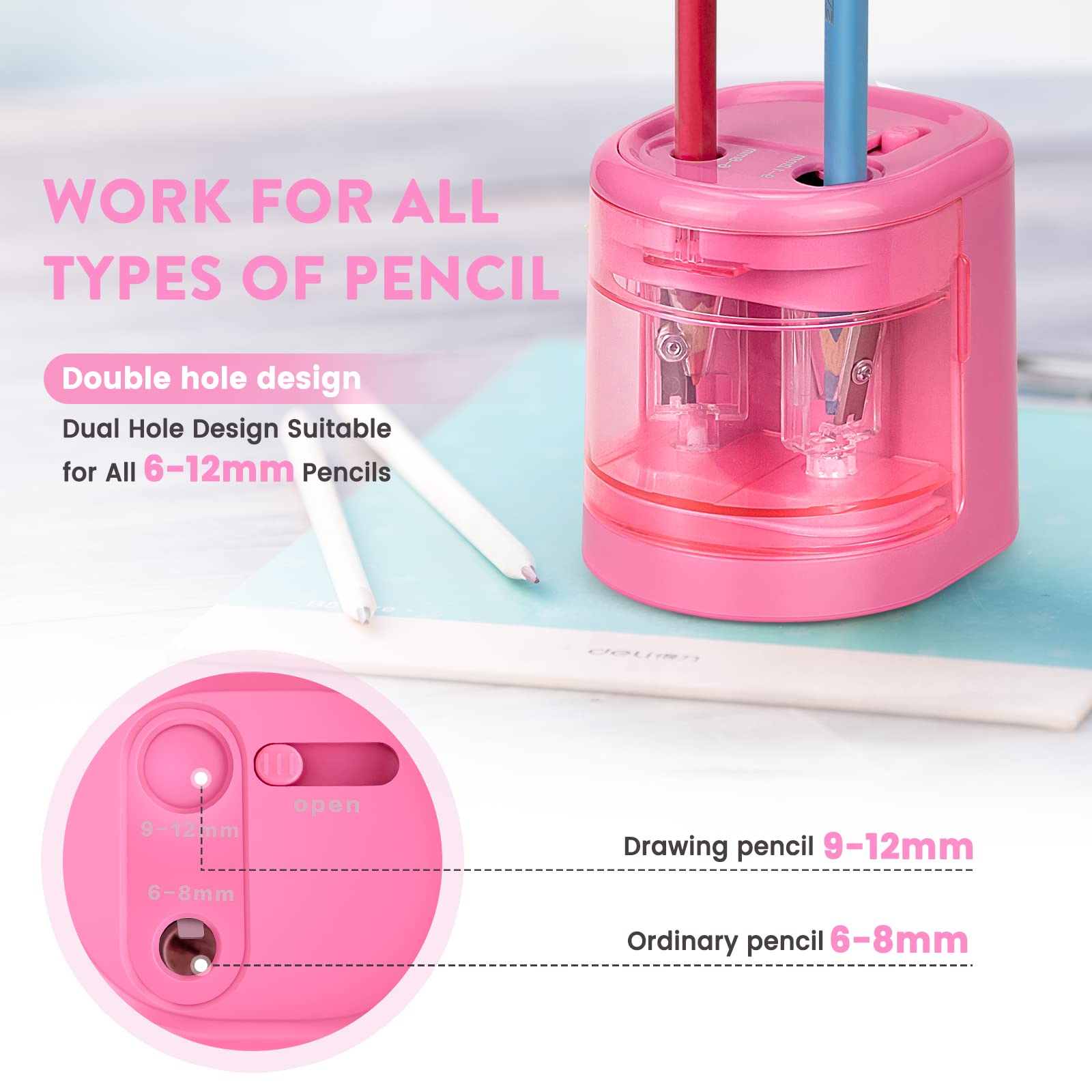 Eagle Electric Pencil Sharpener, Battery or USB Operated, Dual Holes, Dual Blades, fit for Pencils of Size 6-8mm and 9-12mm (Pink)