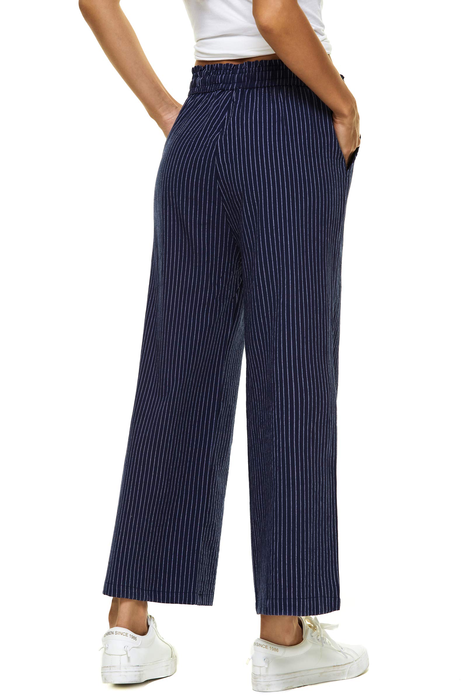 LNX Womens Linen Pants High Waisted Wide Leg Drawstring Casual Loose Trousers with Pockets (X-Large, Striped-Navy)