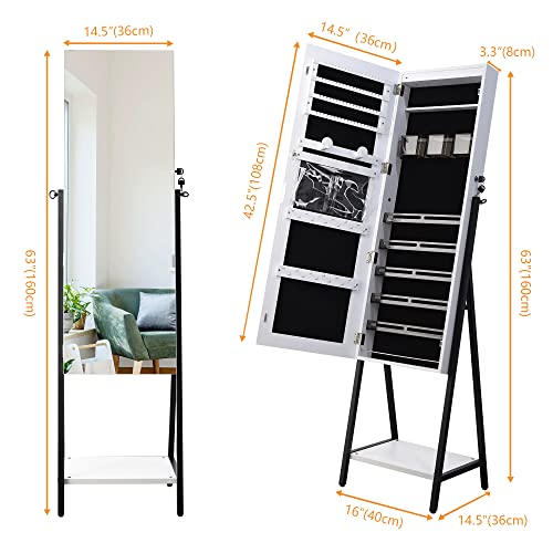 LVSOMT 6 LED Standing Jewelry Mirror Cabinet, Jewelry Armoire Storage Organizer, Full Length Mirror Floor Mirror with Jewelry Storage, Lockable Stand, Large Box, Iron Legs, Bottom Shelf, White