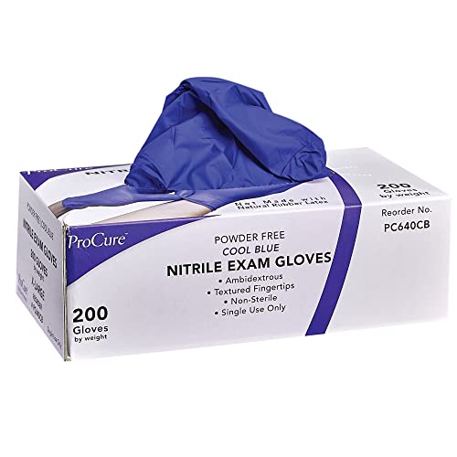 ProCure Disposable Nitrile Gloves Medium, 200 Count - Powder Free, Rubber Latex Free, Medical Exam Grade, Non Sterile, Ambidextrous - Soft with Textured Tips - Cool Blue