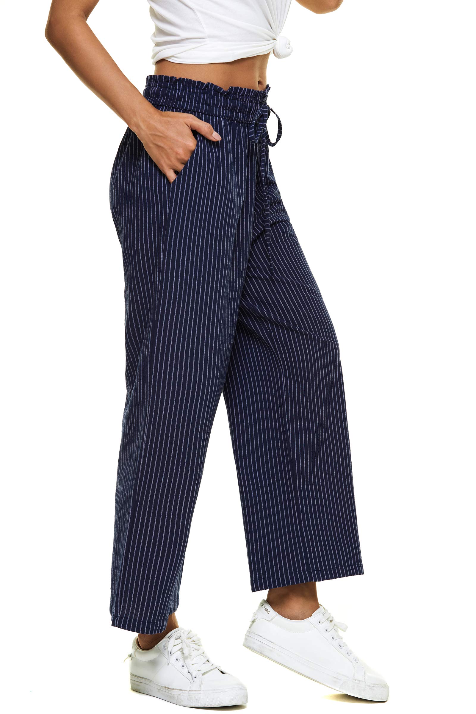 LNX Womens Linen Pants High Waisted Wide Leg Drawstring Casual Loose Trousers with Pockets (X-Large, Striped-Navy)