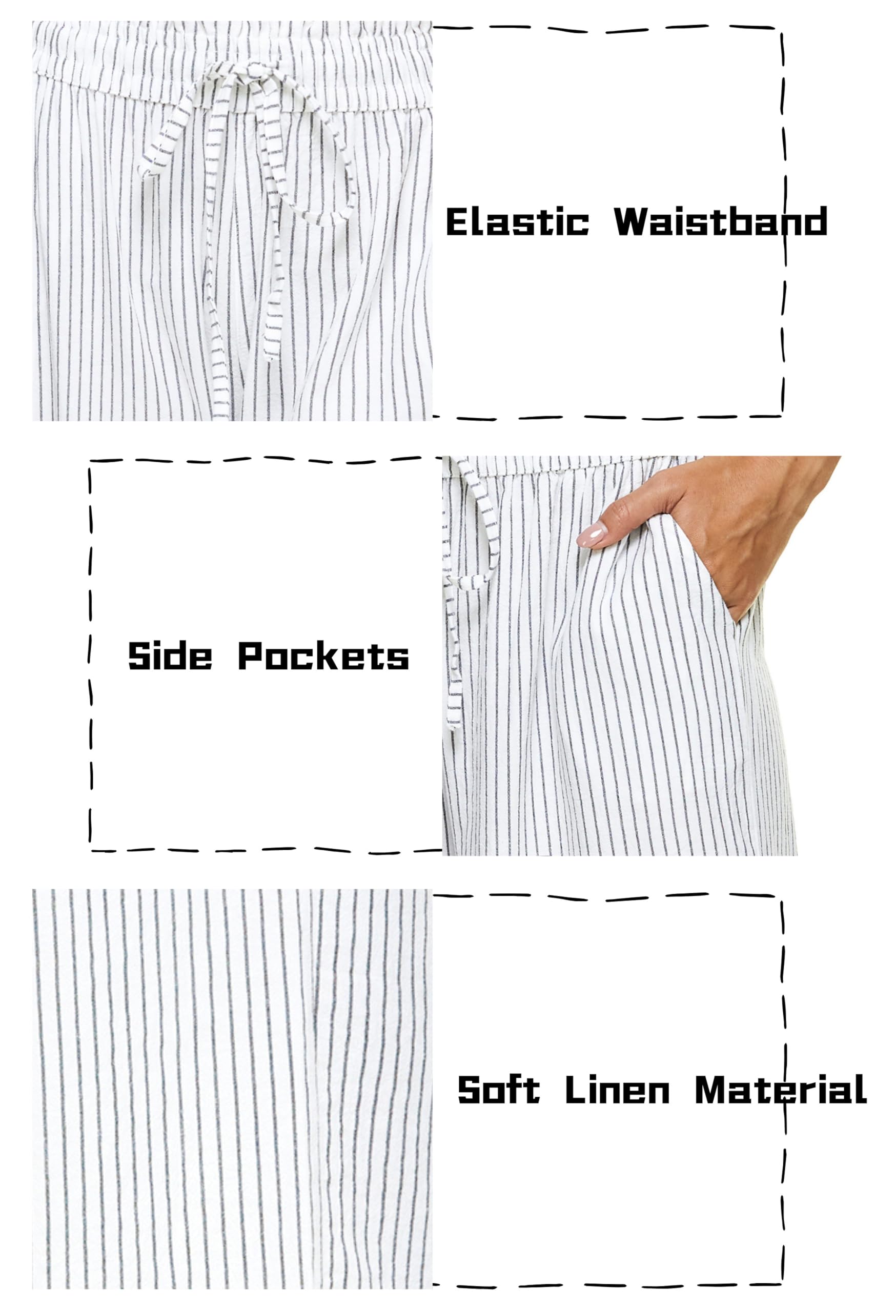 LNX Womens Linen Pants High Waisted Wide Leg Drawstring Casual Loose Trousers with Pockets (X-Large, Striped-Navy)