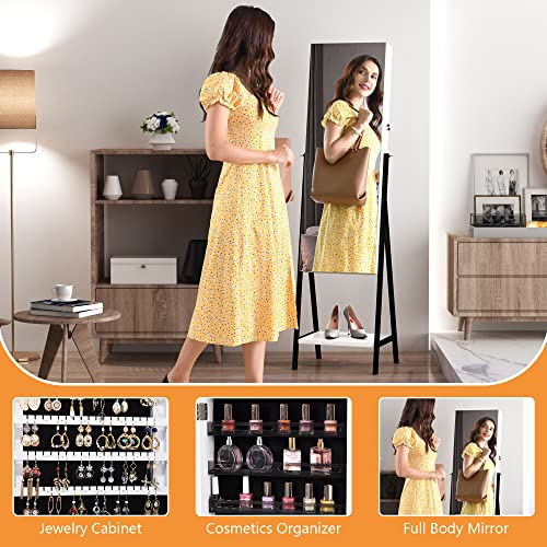 LVSOMT 6 LED Standing Jewelry Mirror Cabinet, Jewelry Armoire Storage Organizer, Full Length Mirror Floor Mirror with Jewelry Storage, Lockable Stand, Large Box, Iron Legs, Bottom Shelf, White