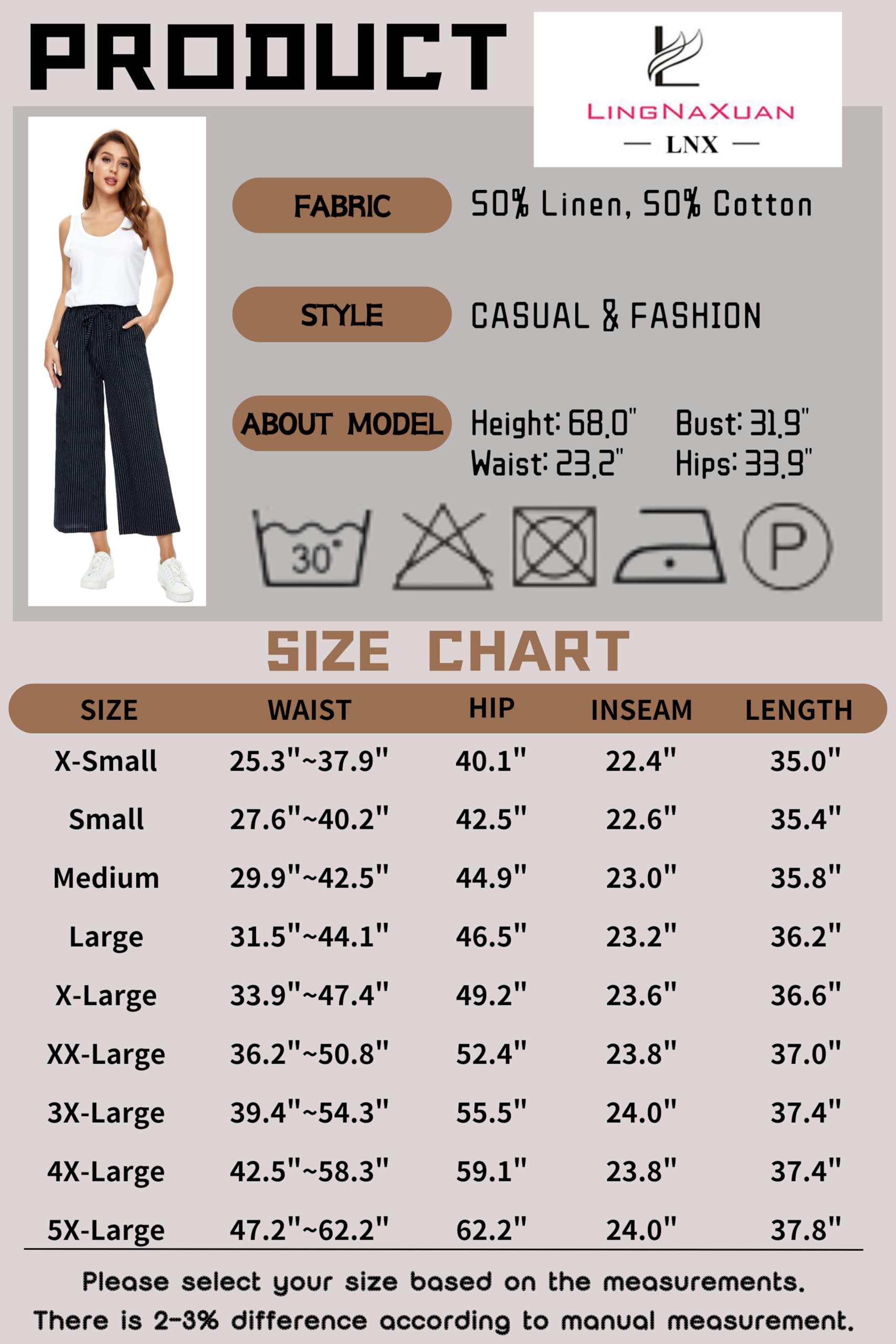 LNX Womens Linen Pants High Waisted Wide Leg Drawstring Casual Loose Trousers with Pockets (X-Large, Striped-Navy)
