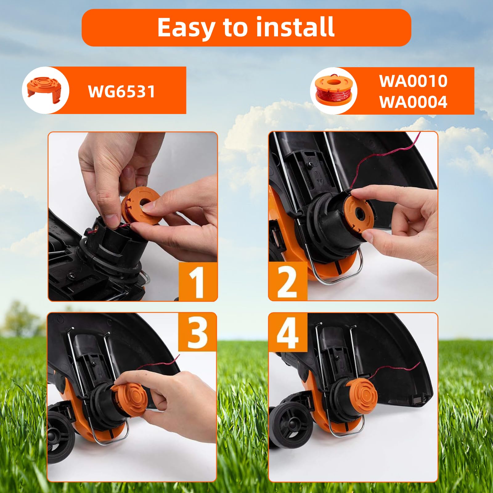 Eyoloty WA0010 String Trimmer Line 10ft 0.065”for Worx WG154 WG163 WG160 WG180 WG175 WG155 WG151 Weed Wacker Eater String with WA0653 GT Spool Cover 50006531 (10Spool + 2Cap)