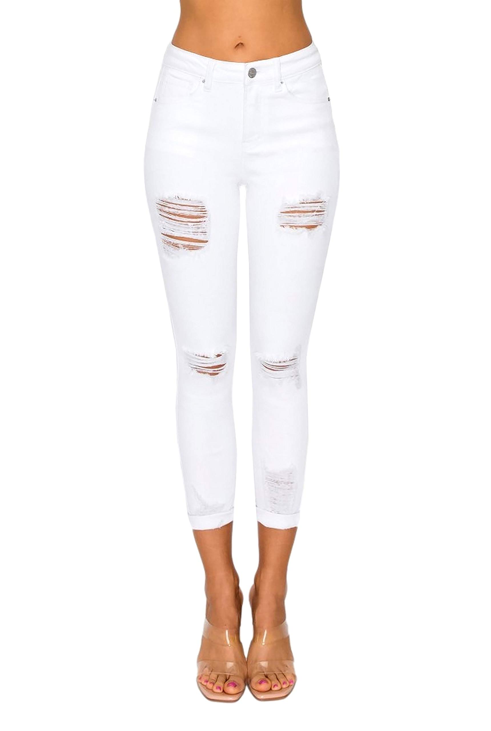 WAX JEAN Women's 'Butt I Love You' Push-Up High Rise Destructed Capri Jeans in Heritage Denim Fabric, White, 0