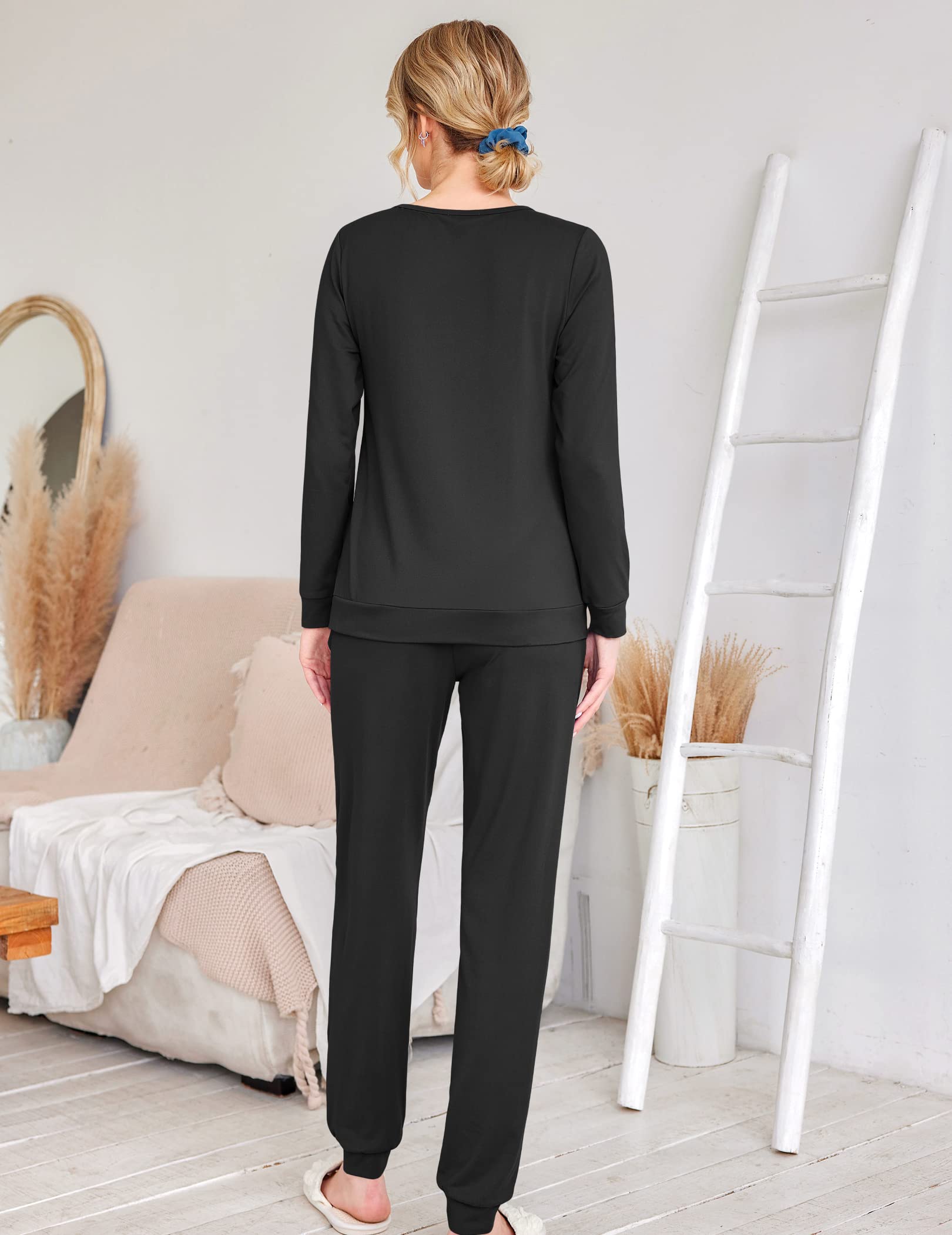 Ekouaer Women's Pajama Sets Casual 2Pcs Sleepwear Long Sleeve Pullover Tops Long Joggers Pants with Pockets Black