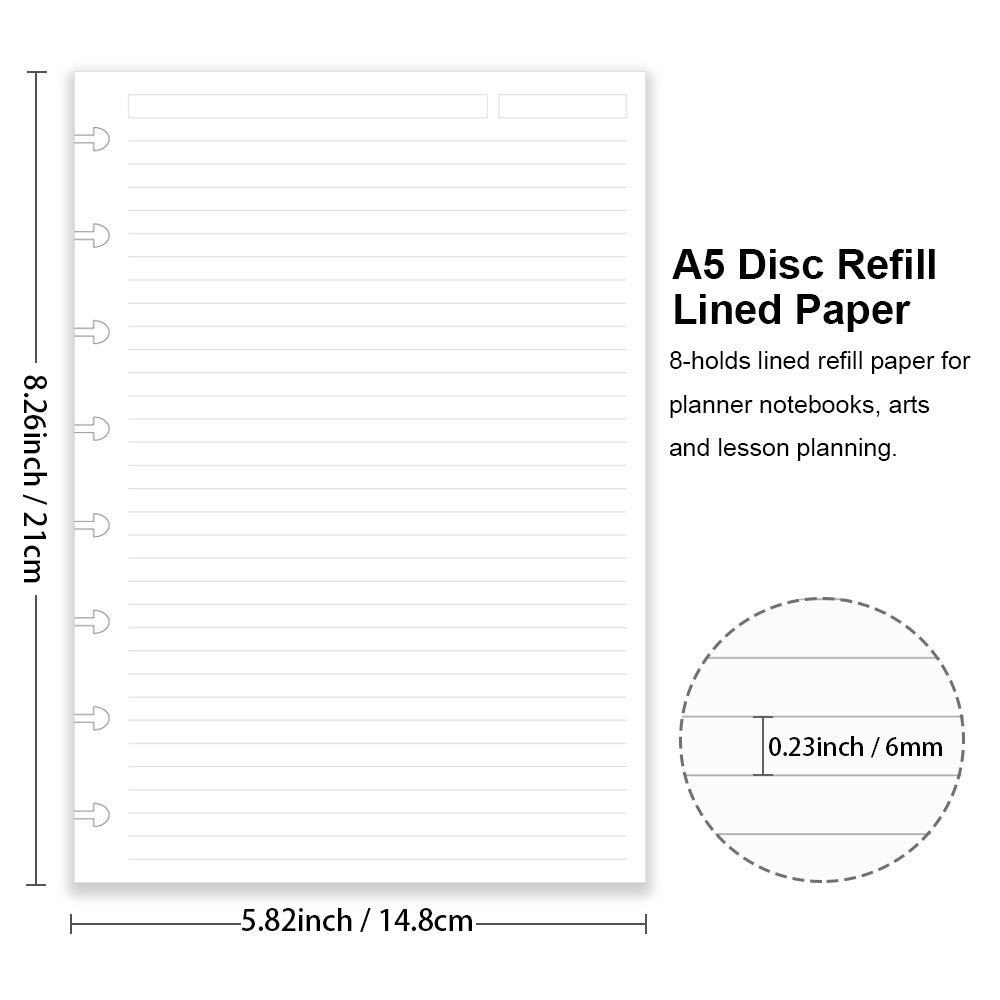 Junior Size Discbound Refill Paper - 8 Discs Discbound Paper, Lined Arc Paper Refill, 100gsm, Disc Paper Refill White Paper, 100 Sheets/200 Pages, 5.8 X 8.25 in