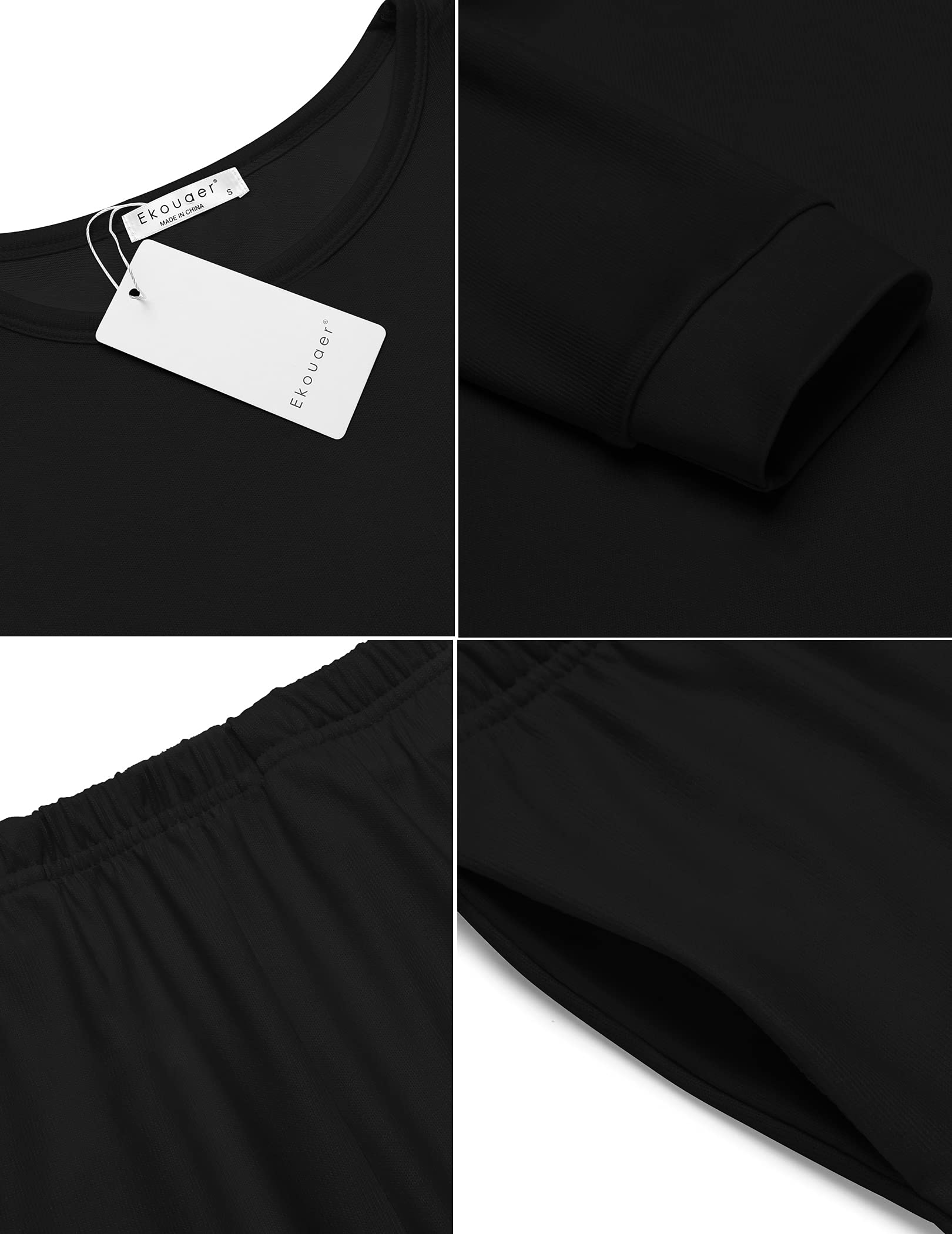Ekouaer Women's Pajama Sets Casual 2Pcs Sleepwear Long Sleeve Pullover Tops Long Joggers Pants with Pockets Black