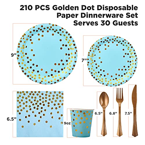 210 Piece Golden Dot Dinnerware Set 30 Guest - 60 Blue Paper Plates,30 Gold Plastic Silverware,30 Paper Cups,30 Paper Napkins, FOCUSLINE Disposable Party Dinnerware for Graduation Birthday Wedding