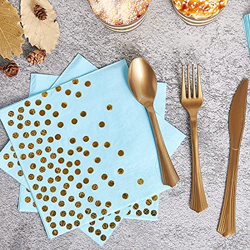 210 Piece Golden Dot Dinnerware Set 30 Guest - 60 Blue Paper Plates,30 Gold Plastic Silverware,30 Paper Cups,30 Paper Napkins, FOCUSLINE Disposable Party Dinnerware for Graduation Birthday Wedding