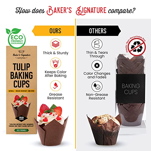 Baker’s Signature Tulip Baking Paper Cupcake & Muffin Liners Pack of 150 | Grease Resistant Wrappers – Will Not Curl or Burn – Comes in Convenient Packaging