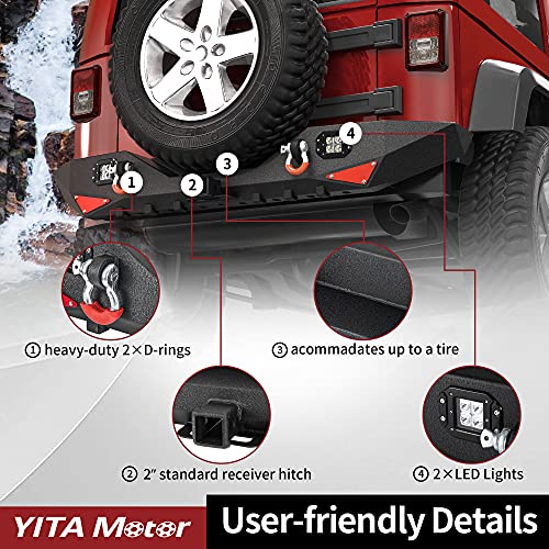 YITAMOTOR Rear Bumper Compatible with 2007-2018 Jeep Wrangler JK & JKU Unlimited, Off Road Back Bumper w/ 2" Hitch Receiver & 2x LED Lights & D-Rings, Upgraded