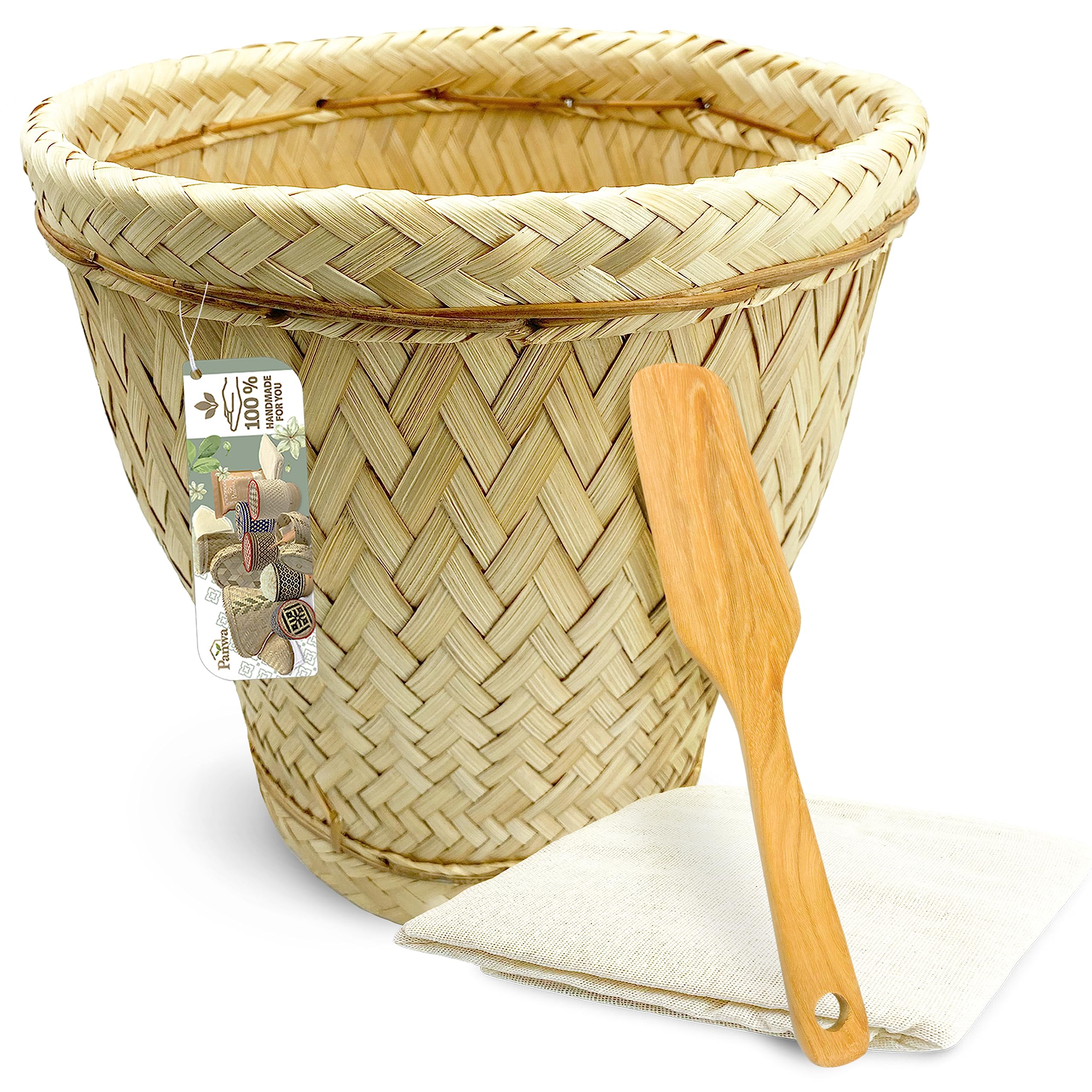 PANWA Handmade 100% Natural, Eco-Friendly, Thai Bamboo Wicker Sticky Rice “Traditional Village Vintage” Replacement Steamer Basket with Paddle Spoon and Cotton Cheesecloth Filter
